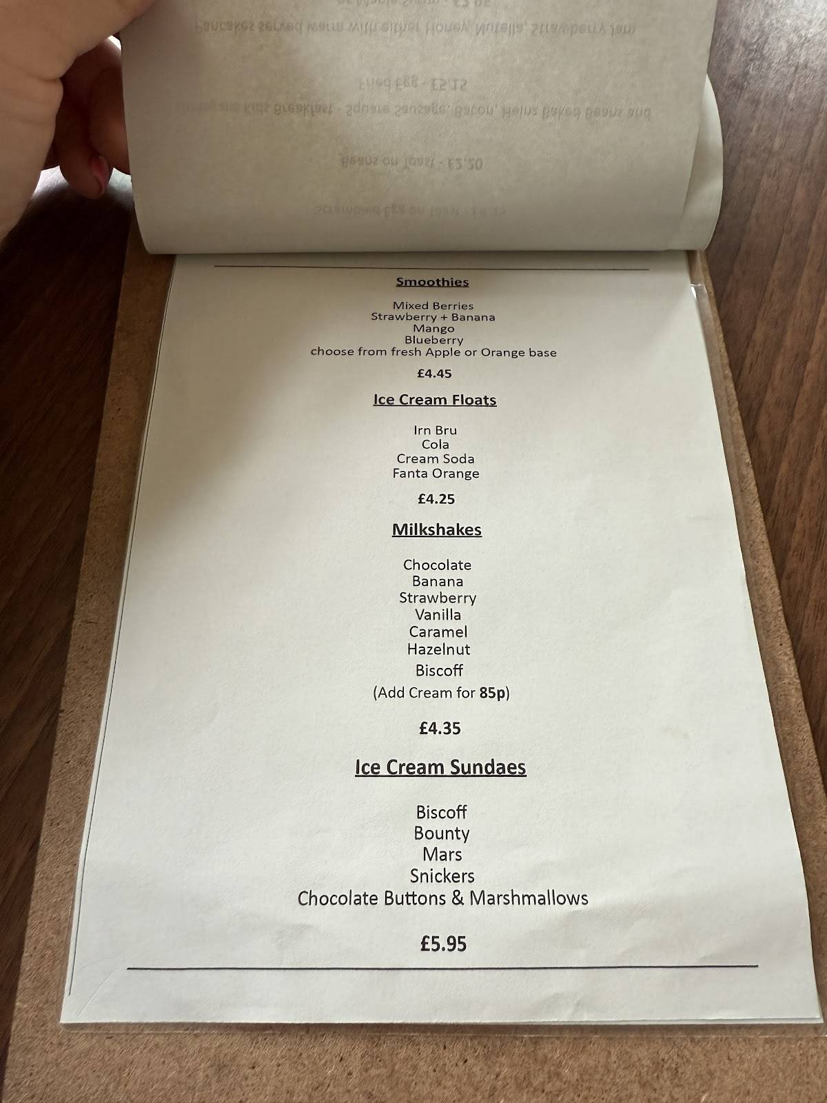 Menu at Finnegans cafe, Falkirk, 45 Vicar St