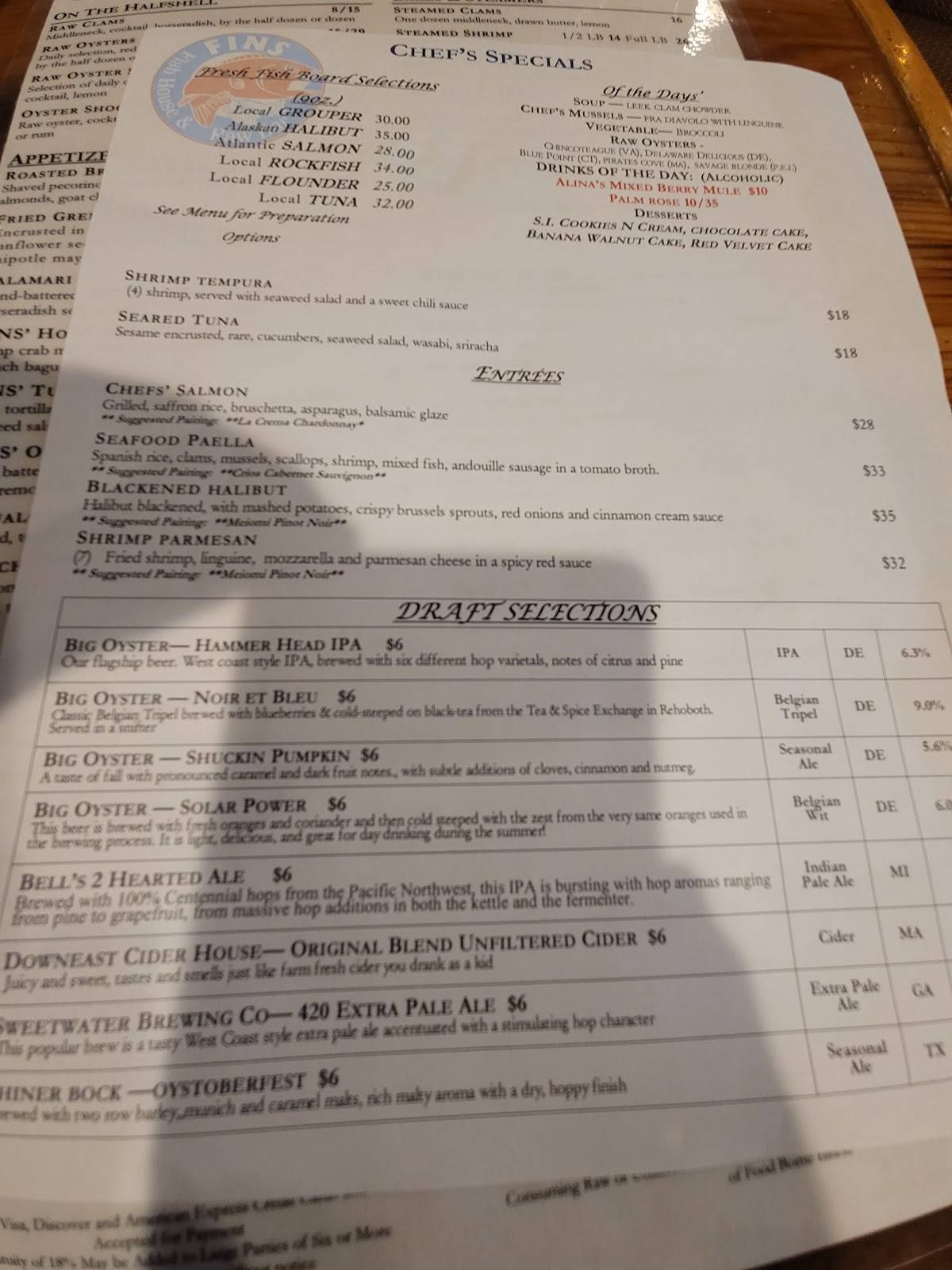 Menu at FINS Fish House & Raw Bar, Rehoboth Beach, 243 Rehoboth Ave