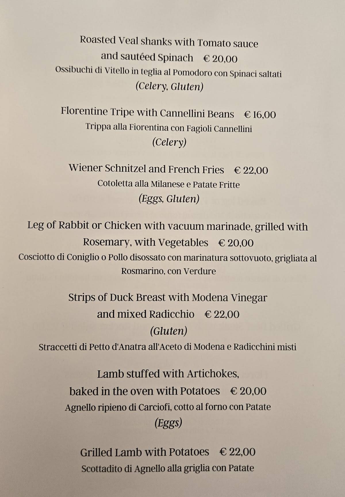 Menu da Ristorante Fiorenza, Firenze, Via Reginaldo Giuliani