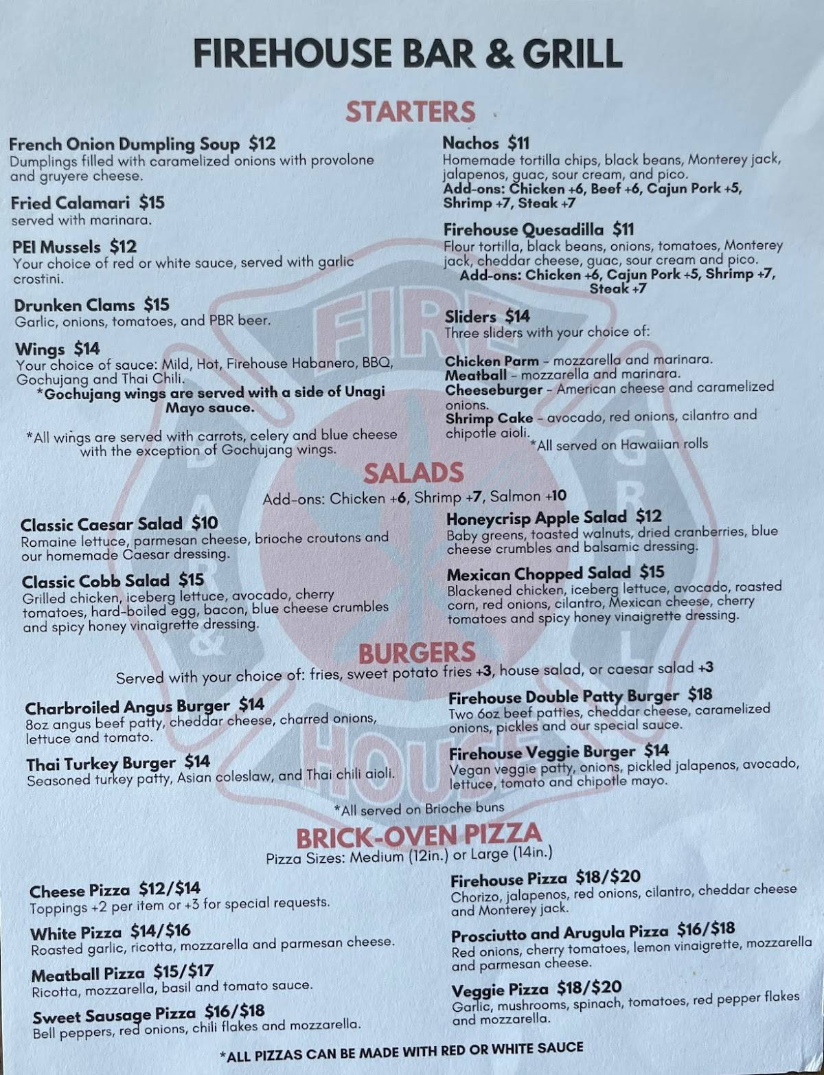Carta de Firehouse Bar & Grill, Egg Harbor City