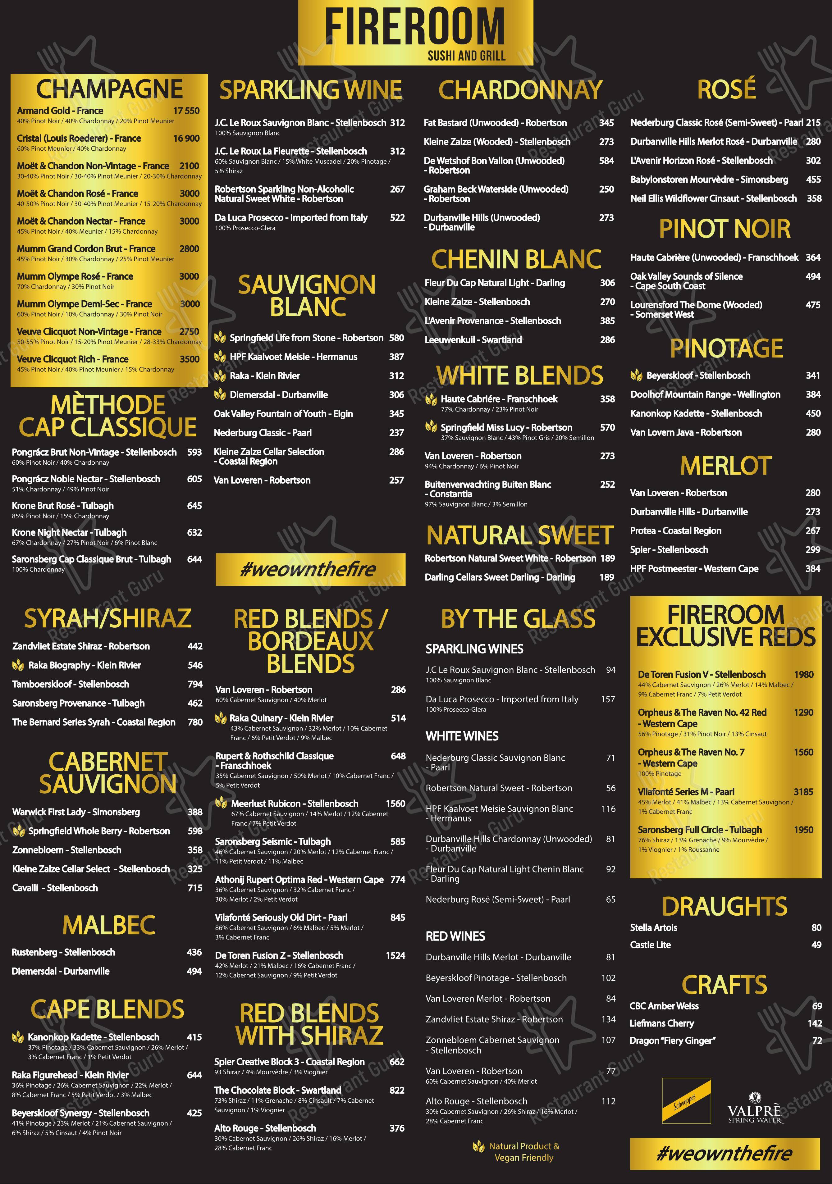 Menu at Fireroom Zimbali restaurant, Dolphin Coast