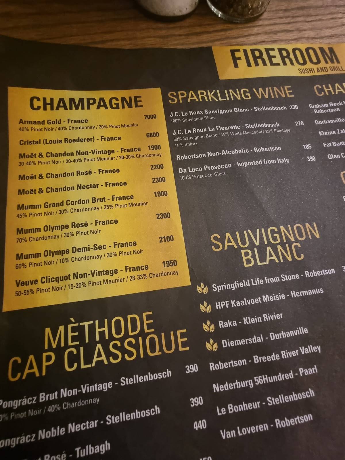 Menu at Fireroom Zimbali restaurant, Dolphin Coast