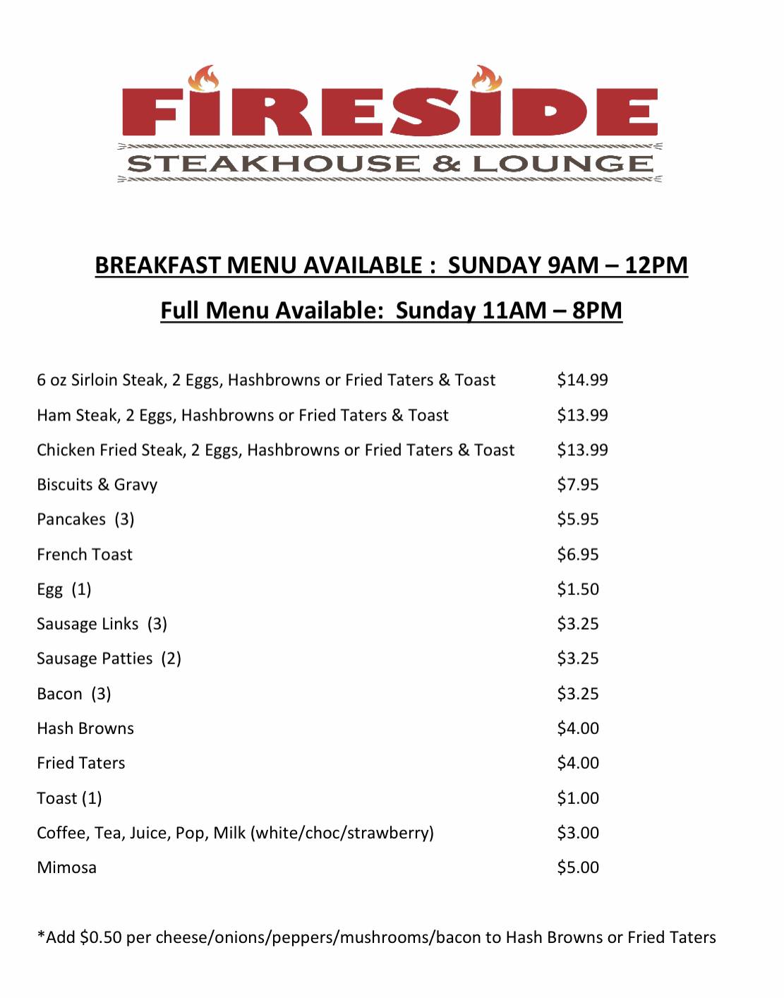 Menu at Fireside Steakhouse & Lounge, Anthon