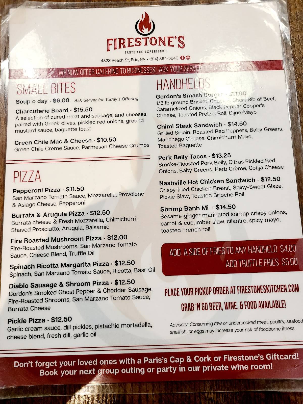 Menu at Firestone's restaurant, Erie