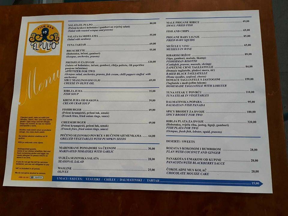 Menu at Fish Bar El Pulpo, Dubrovnik