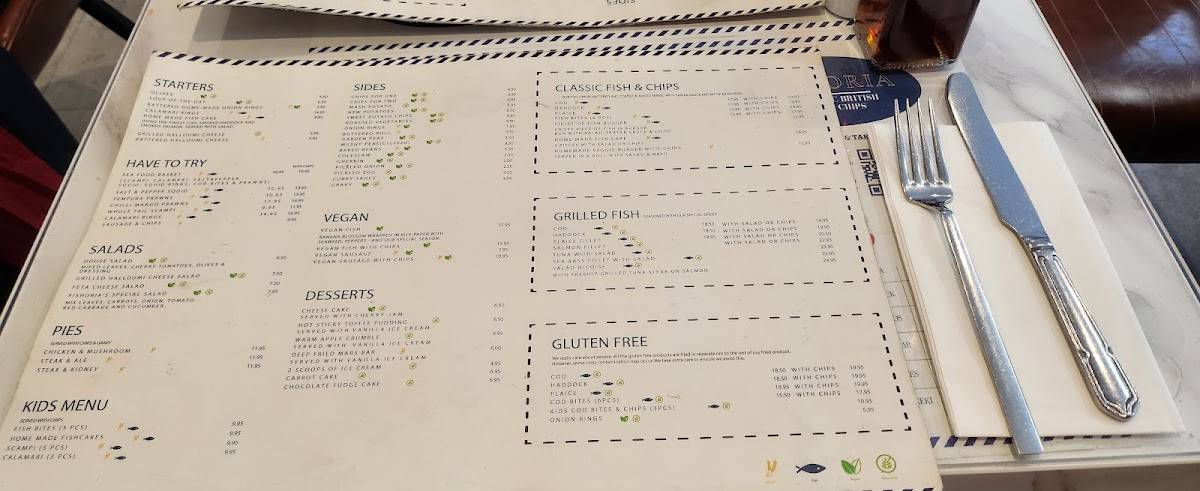 Menu at Fishoria Fish and Chips restaurant, London, 52-54 New Oxford St