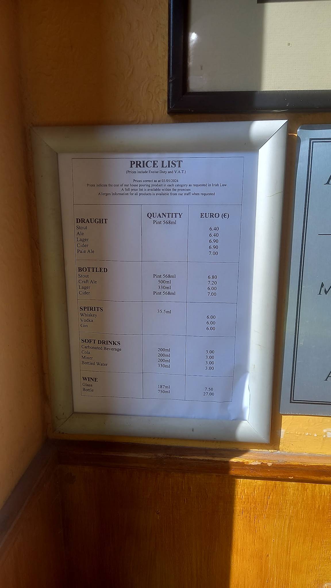 Menu at Fitzgeralds of Sandycove pub & bar, Ireland