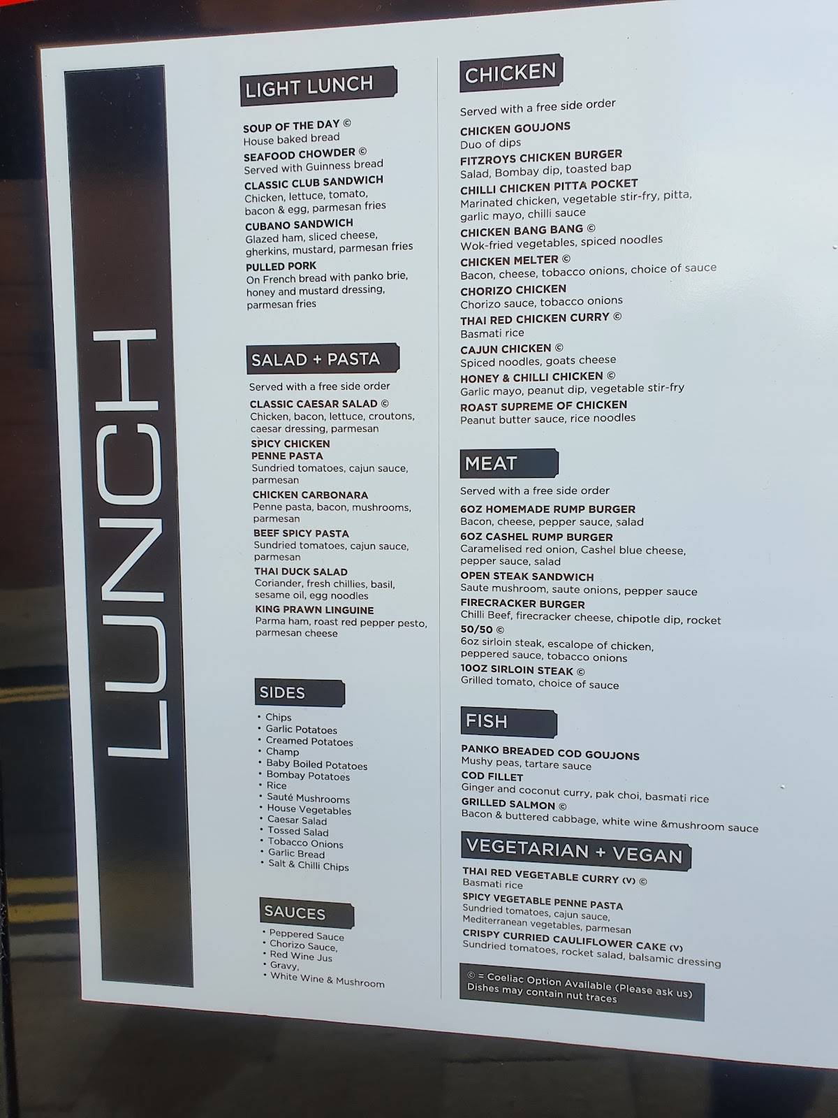Menu at Fitzroy's pub & bar, Londonderry