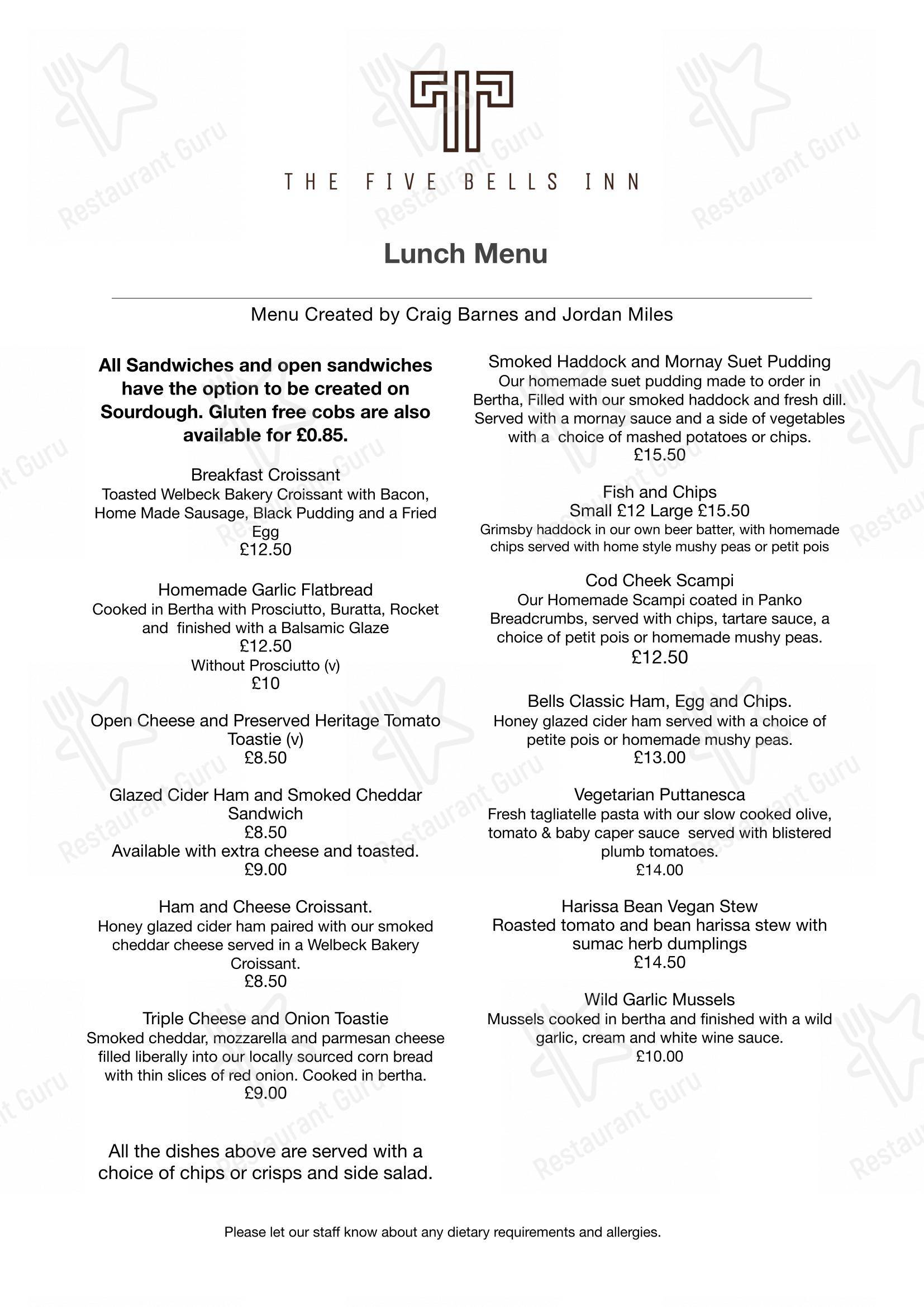 Menu at Five Bells Inn Claypole pub & bar, Claypole