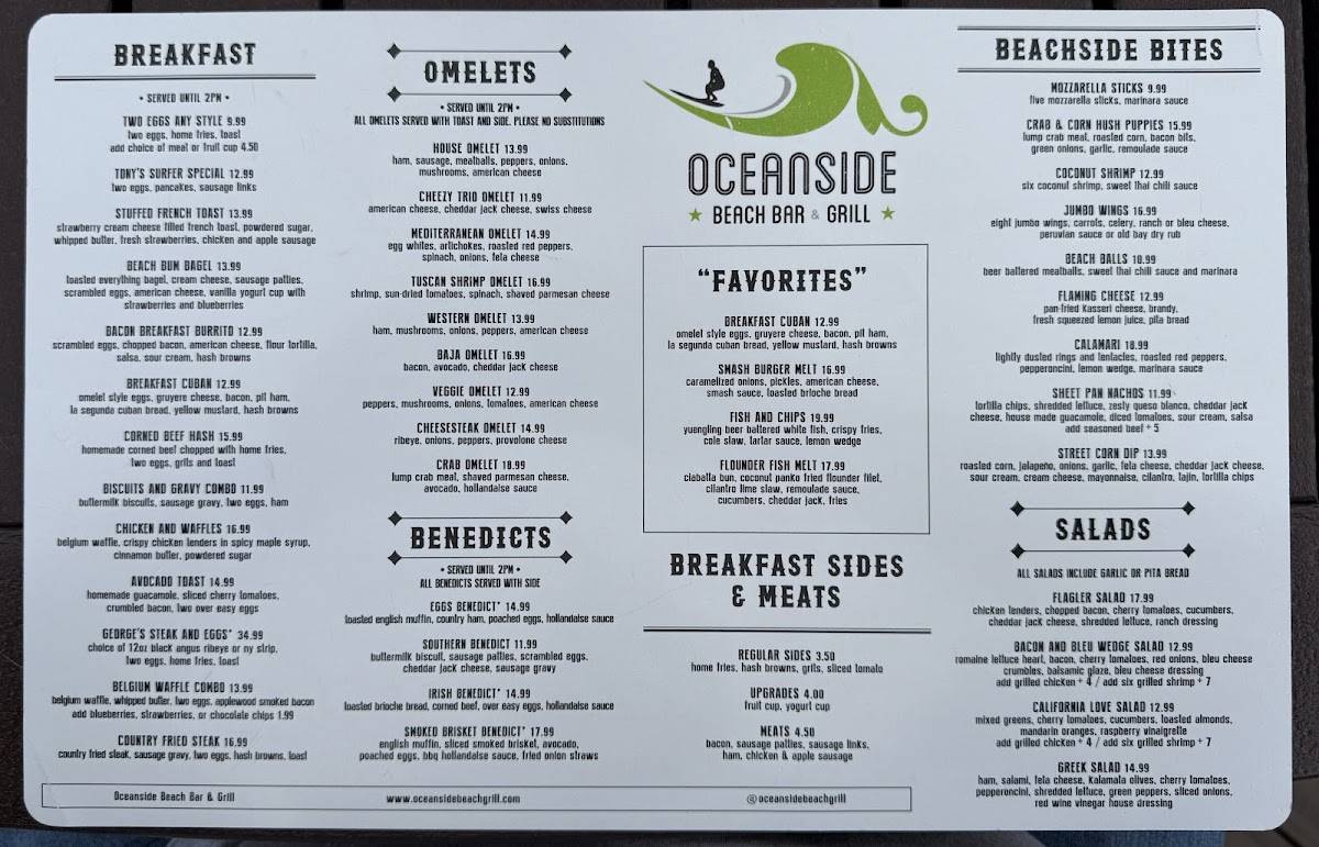 Menu at Oceanside Beach Bar & Grill, Flagler Beach