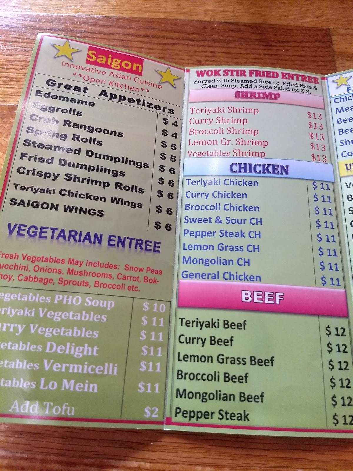 Menu at Saigon Wok restaurant, Fleming Island