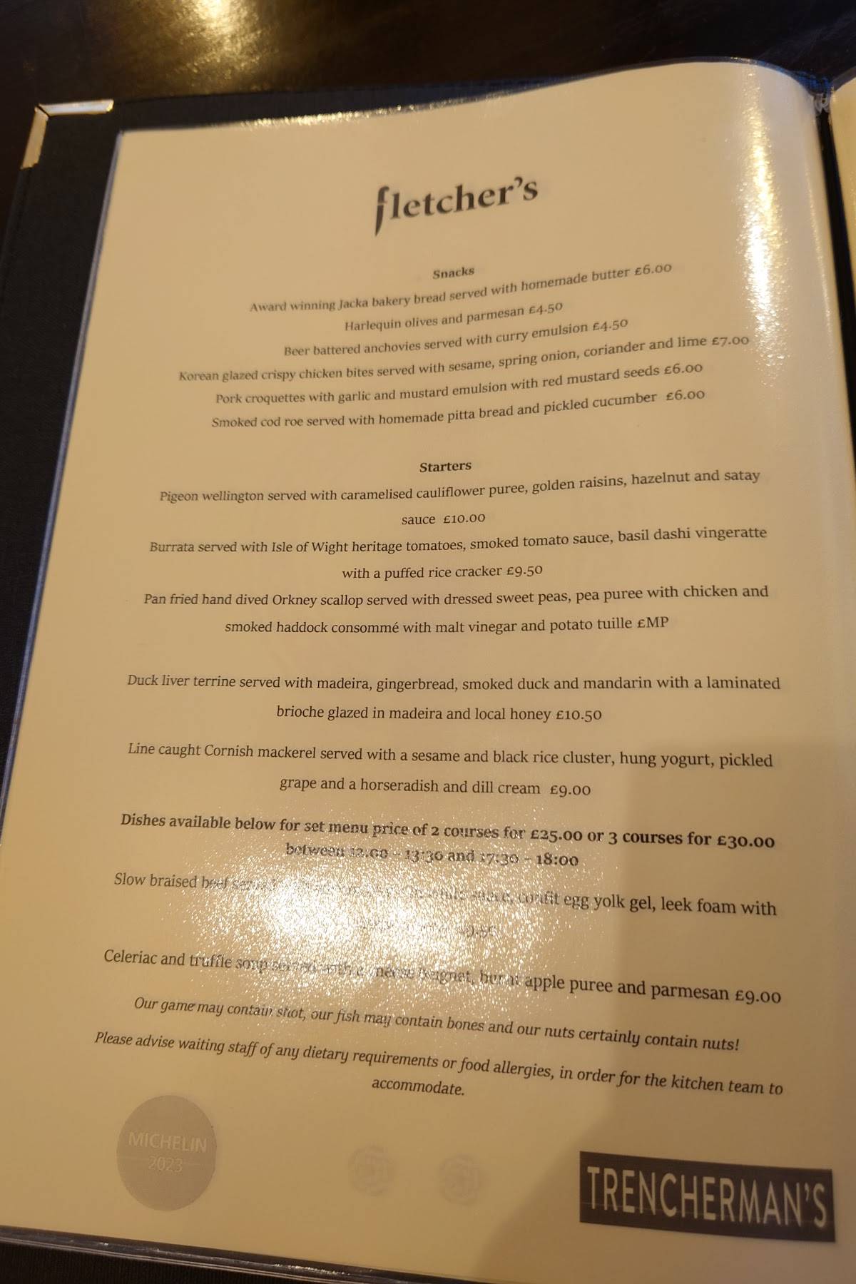 Menu at Fletcher's Restaurant, Plymouth