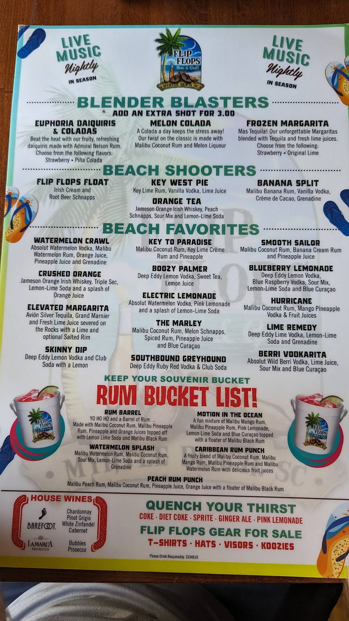 Menu at Flip Flops Bar and Grill, Myrtle Beach