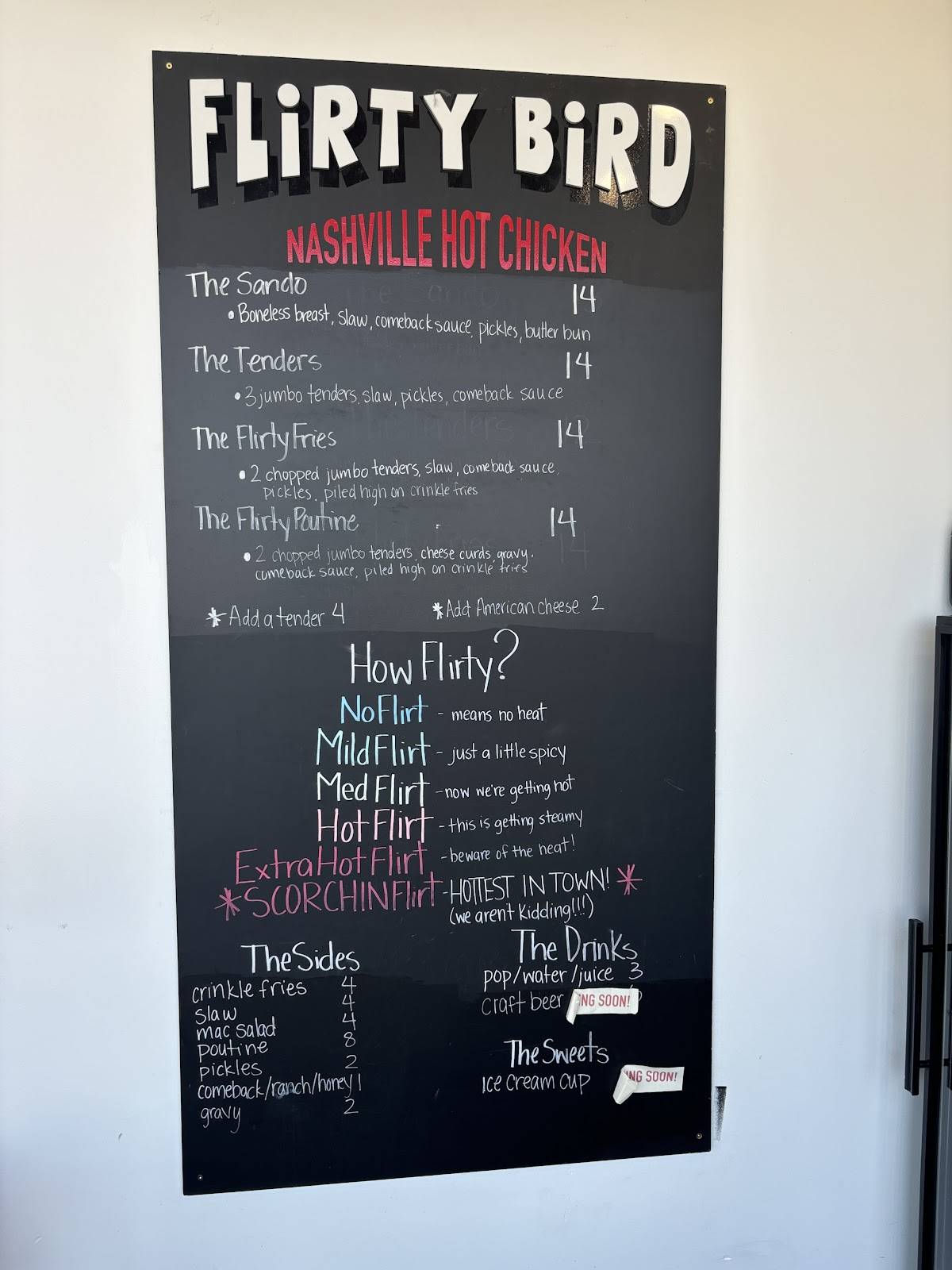 Menu at Flirty Bird Nashville Hot Chicken restaurant, Sherwood Park