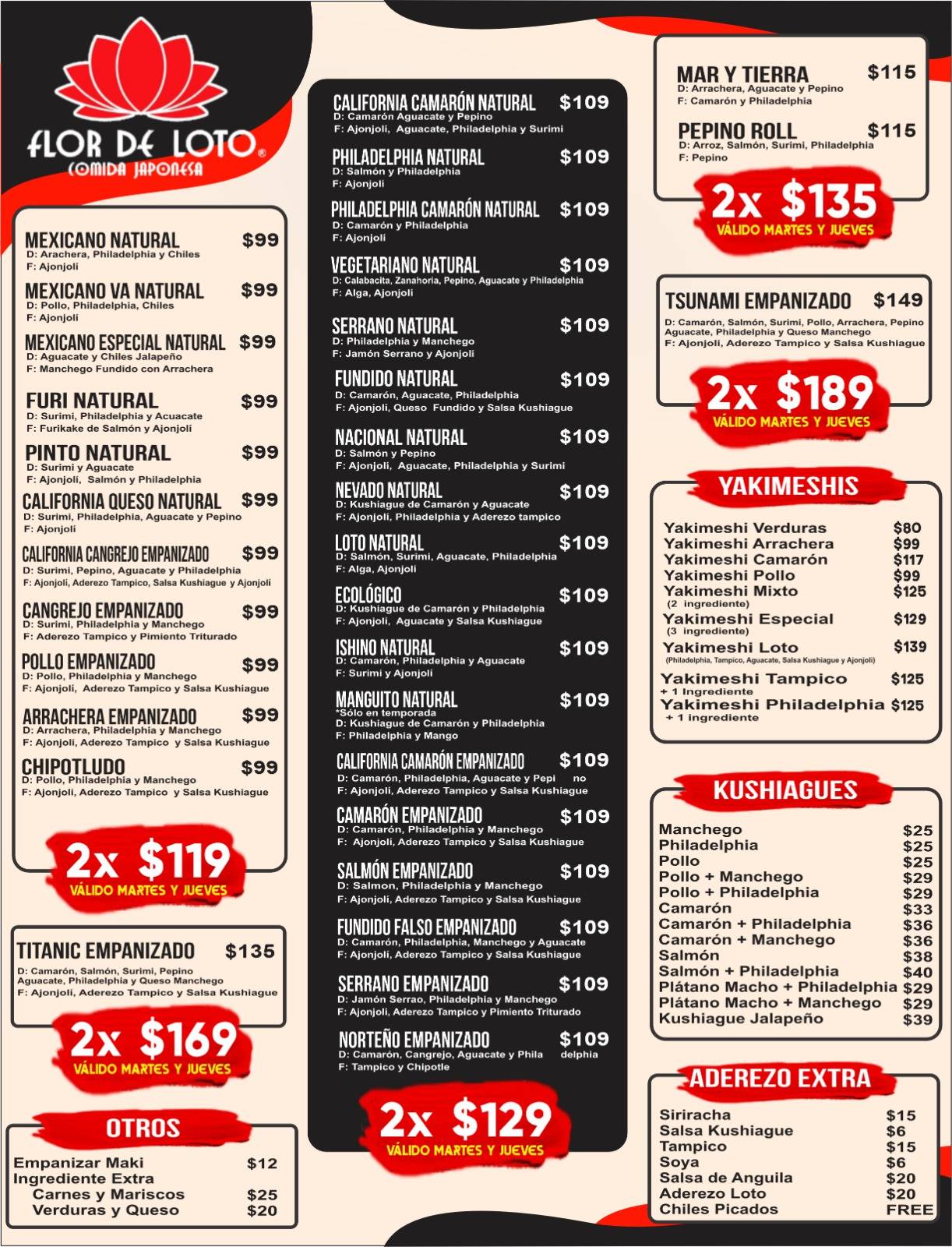 Menu at Flor de Loto restaurant, Uruapan
