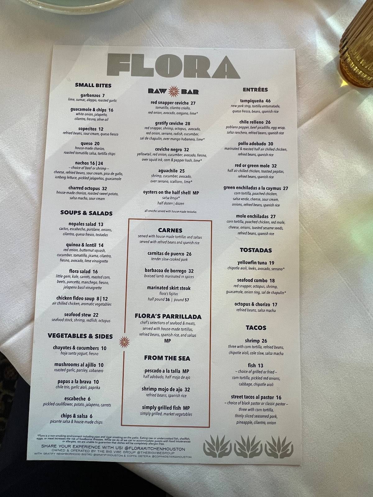 Menu at Flora restaurant, Houston