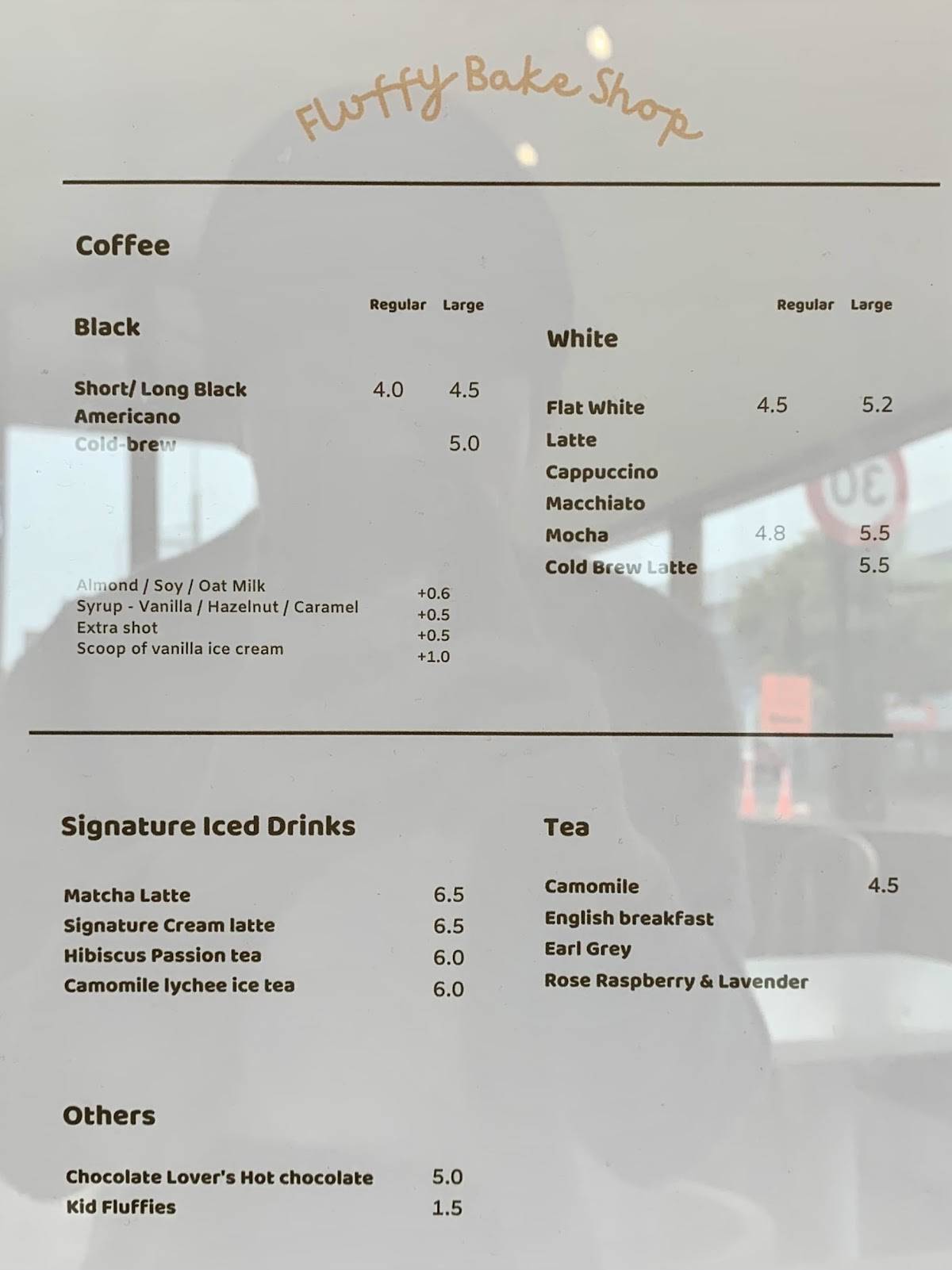 Menu at Fluffy Bake Shop cafe, Christchurch