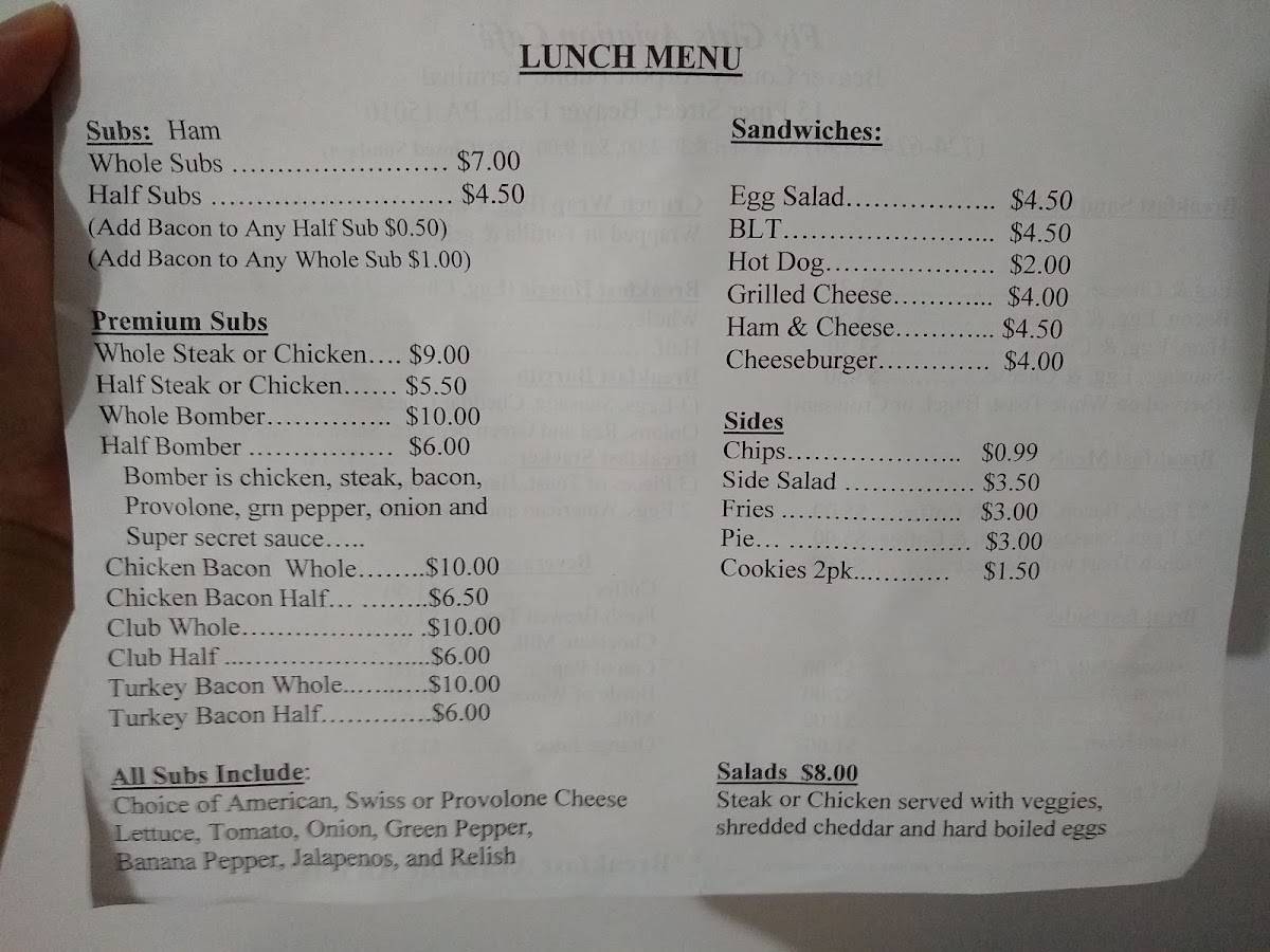 Menu at Fly Girls Aviation Café restaurant, Big Beaver