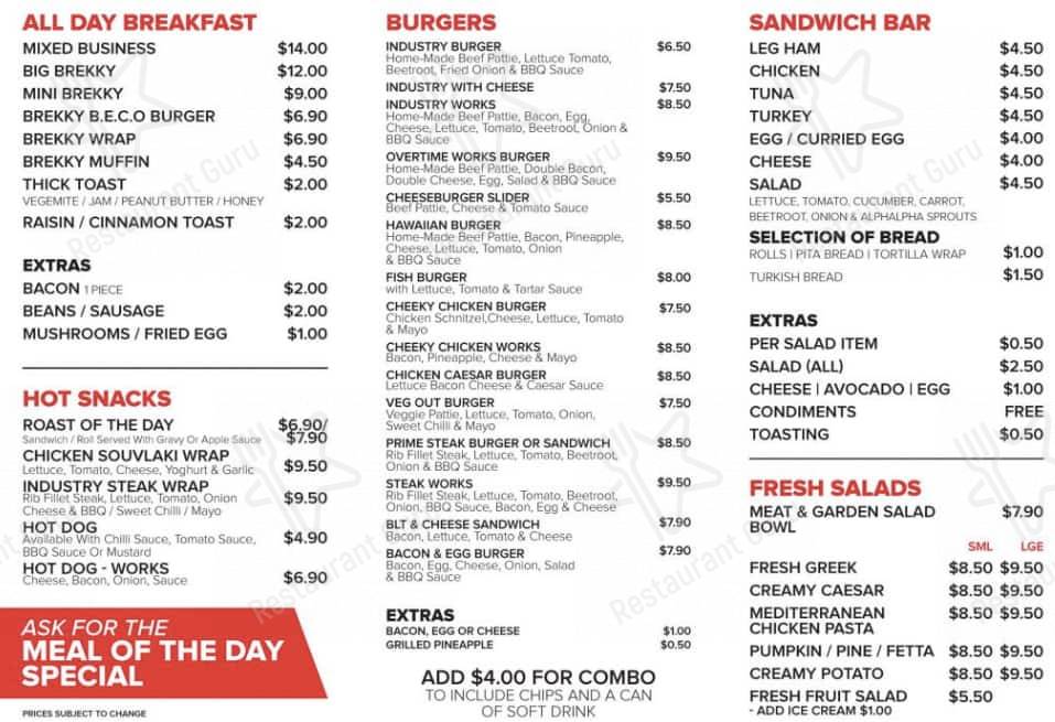 Menu at Food Industry Cafe, Redbank