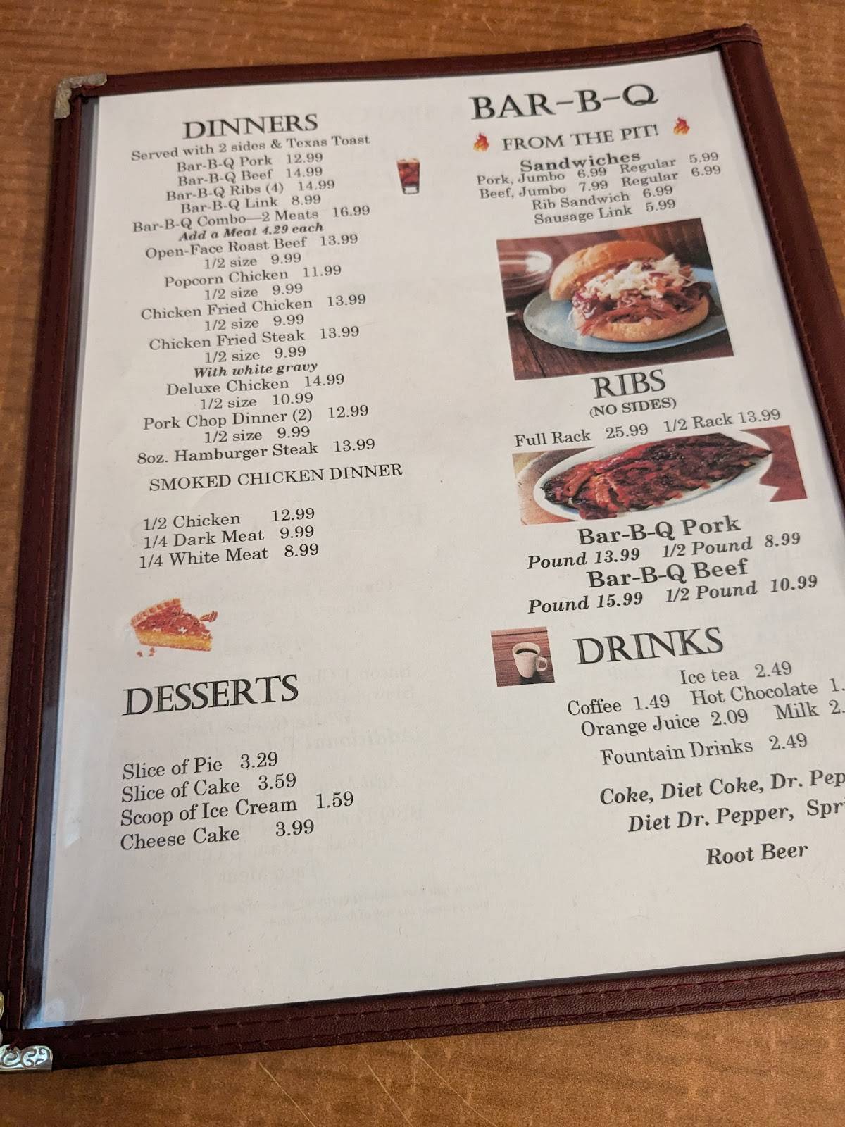 Menu at Red's Restaurant, Fordyce, US-79