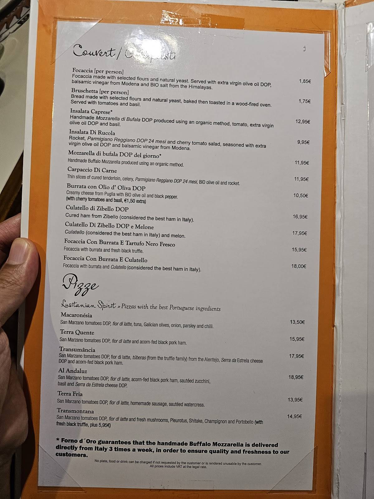 Menu at Forno d'Oro pizzeria, Lisbon