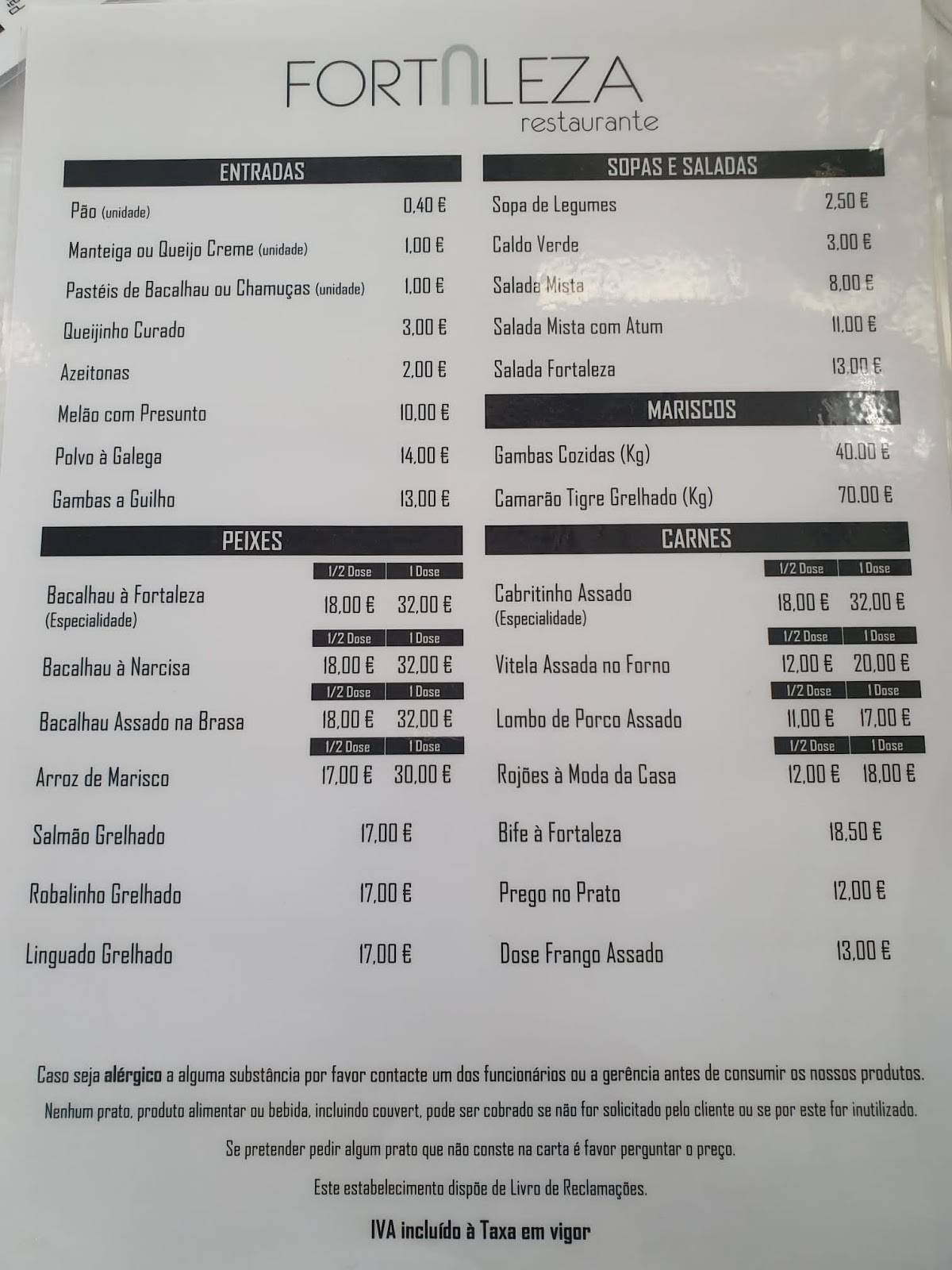 Carta del restaurante Fortaleza del Valença, Valença