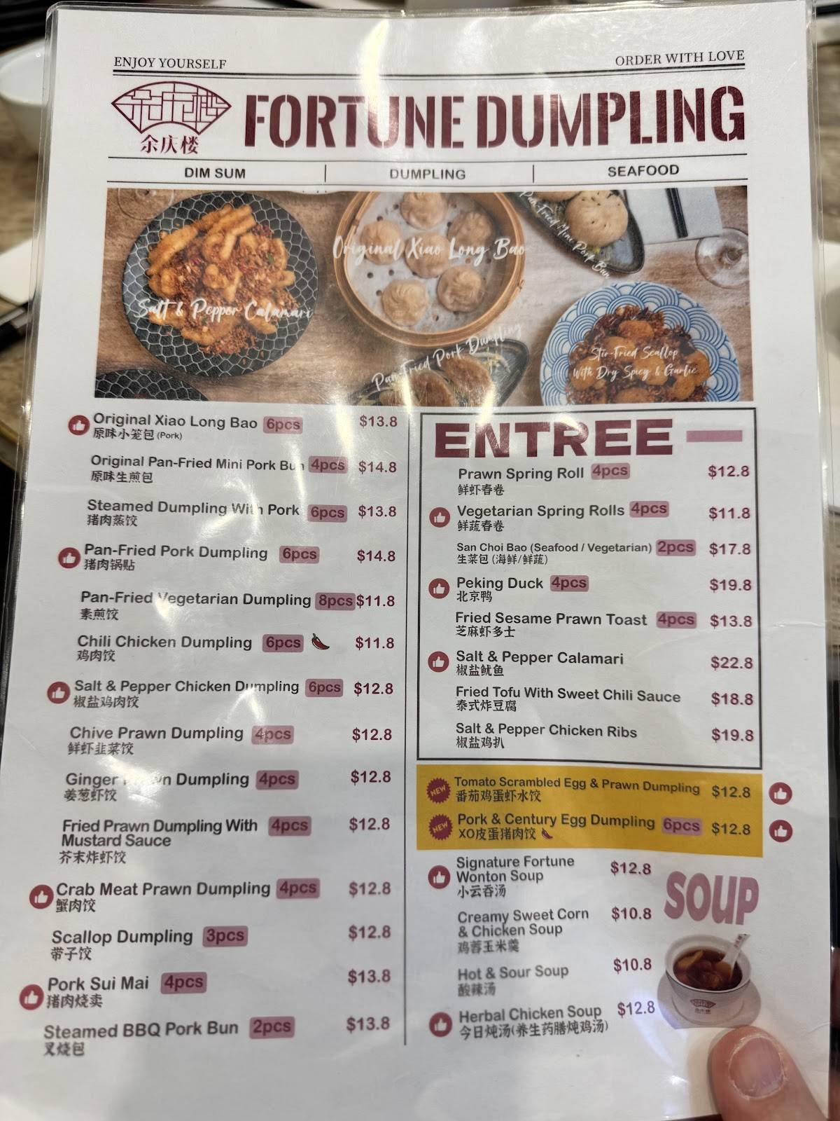 Menu at Fortune Dumpling restaurant, Melbourne