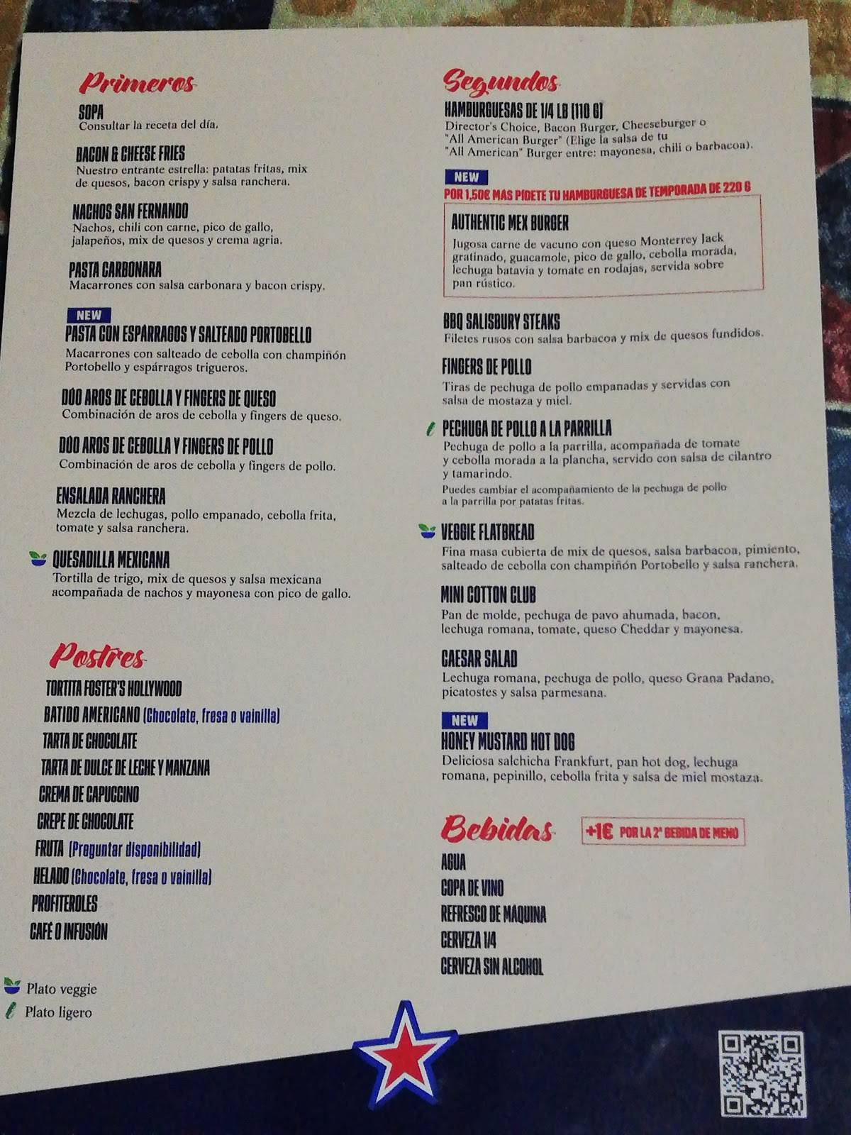 Carta del restaurante Foster's Hollywood, Gines, C. Albañileria