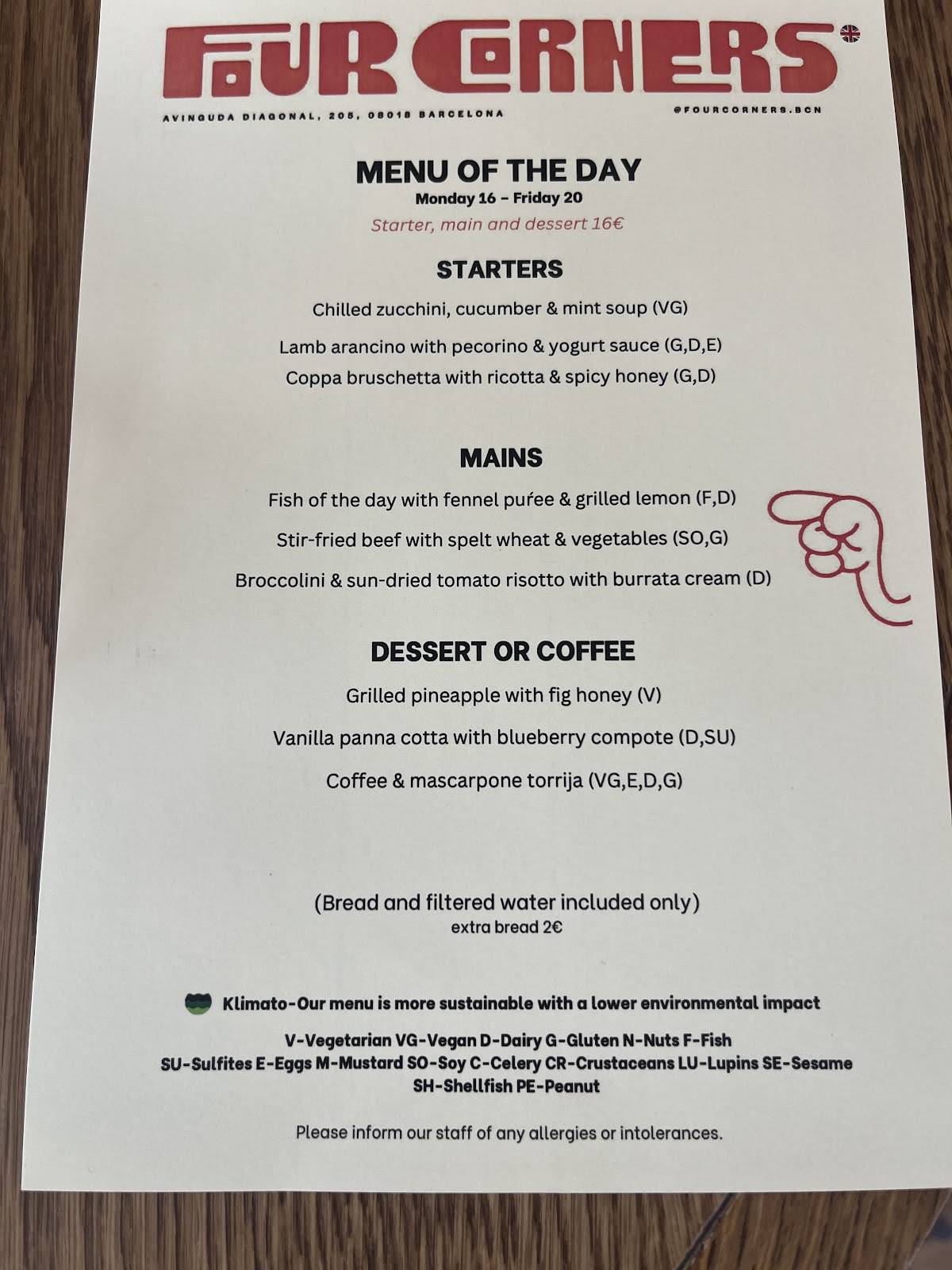 Carta del restaurante Four Corners, Barcelona
