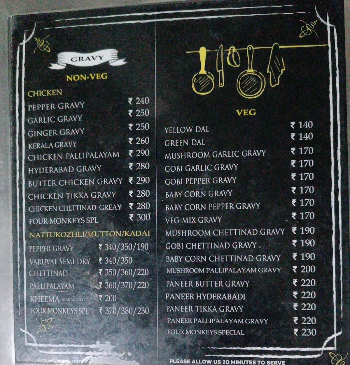 Menu at Four Monkeys Dine In, Tiruppur