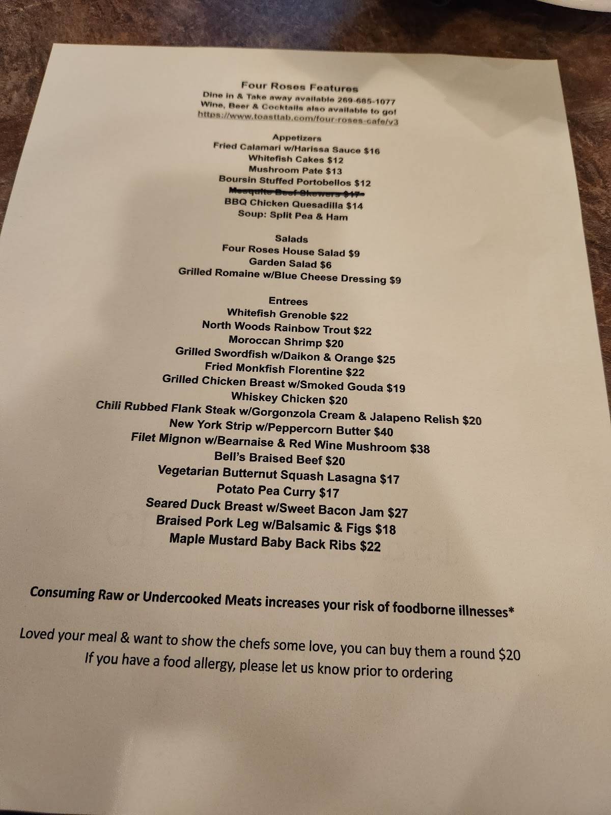 Menu at Four Roses Cafe, Plainwell