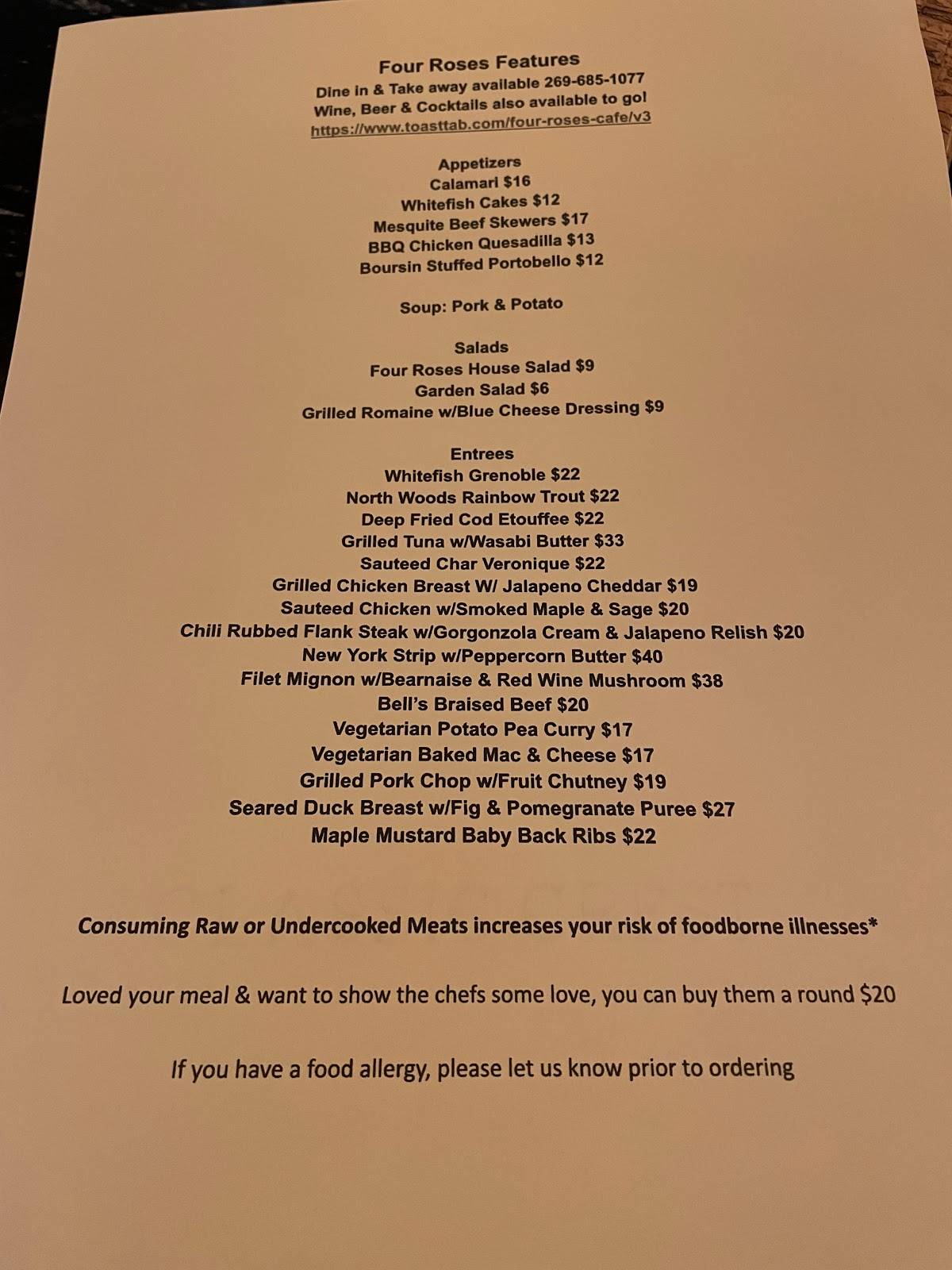 Menu at Four Roses Cafe, Plainwell