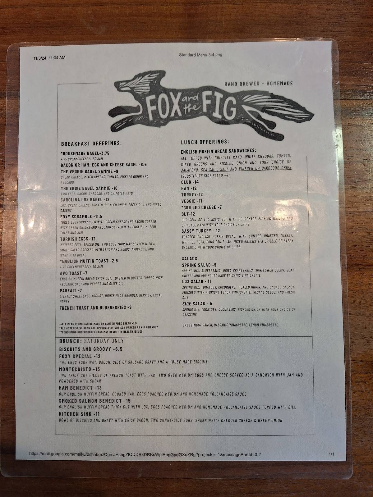 Menu at Fox and the Fig desserts, Spruce Pine
