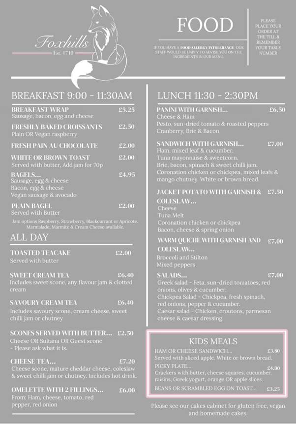 Menu at Foxhills Cafe & Gifts, Bristol