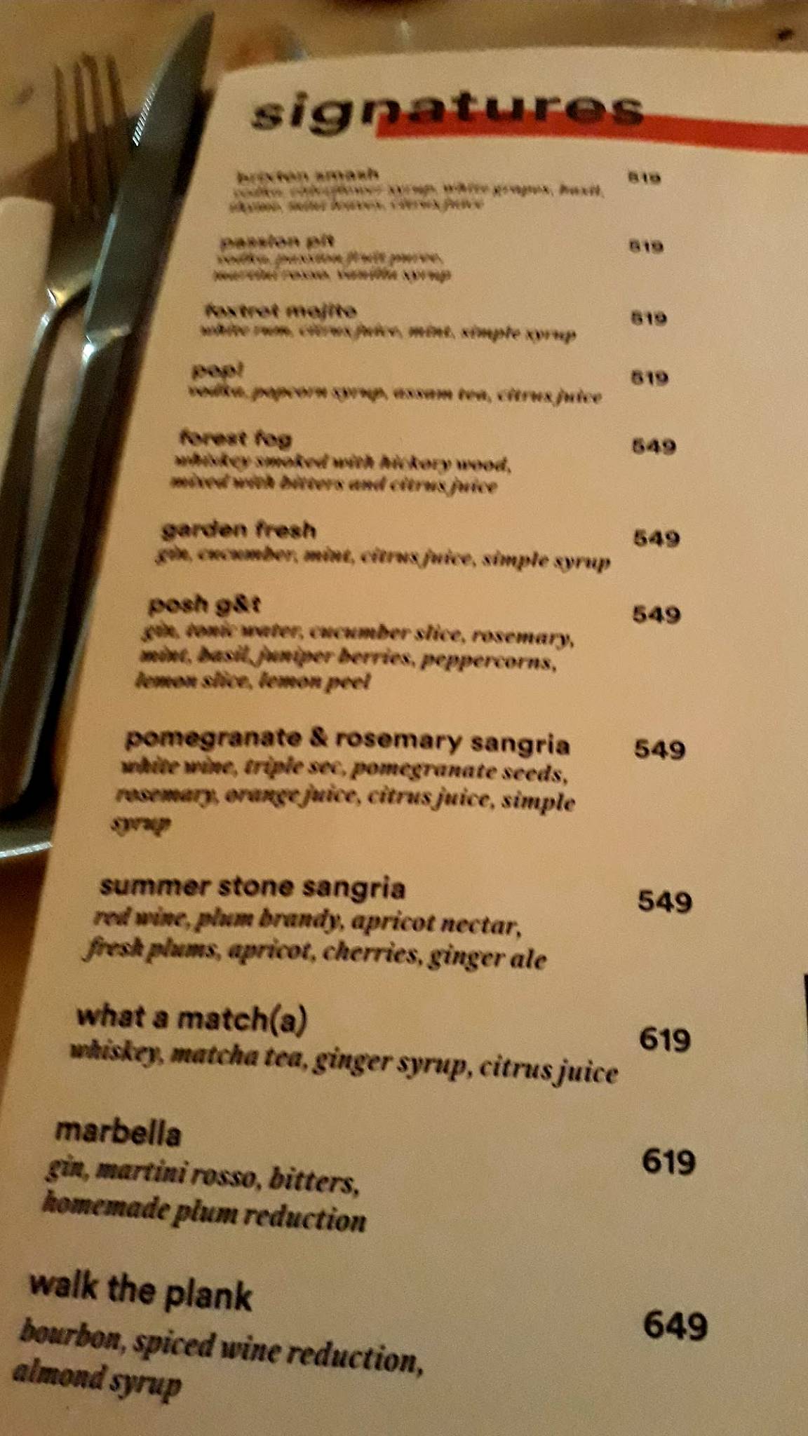 Menu at Foxtrot, Dehradun