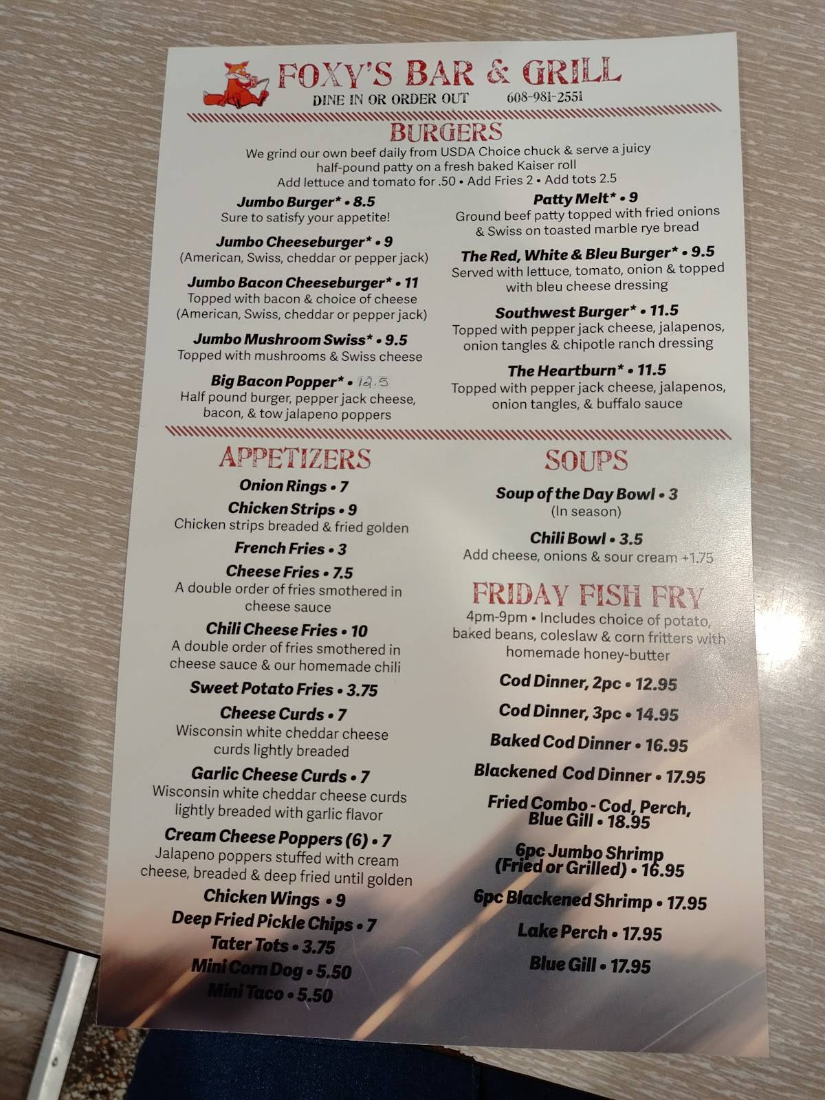 Menu at Foxy's restaurant, Briggsville