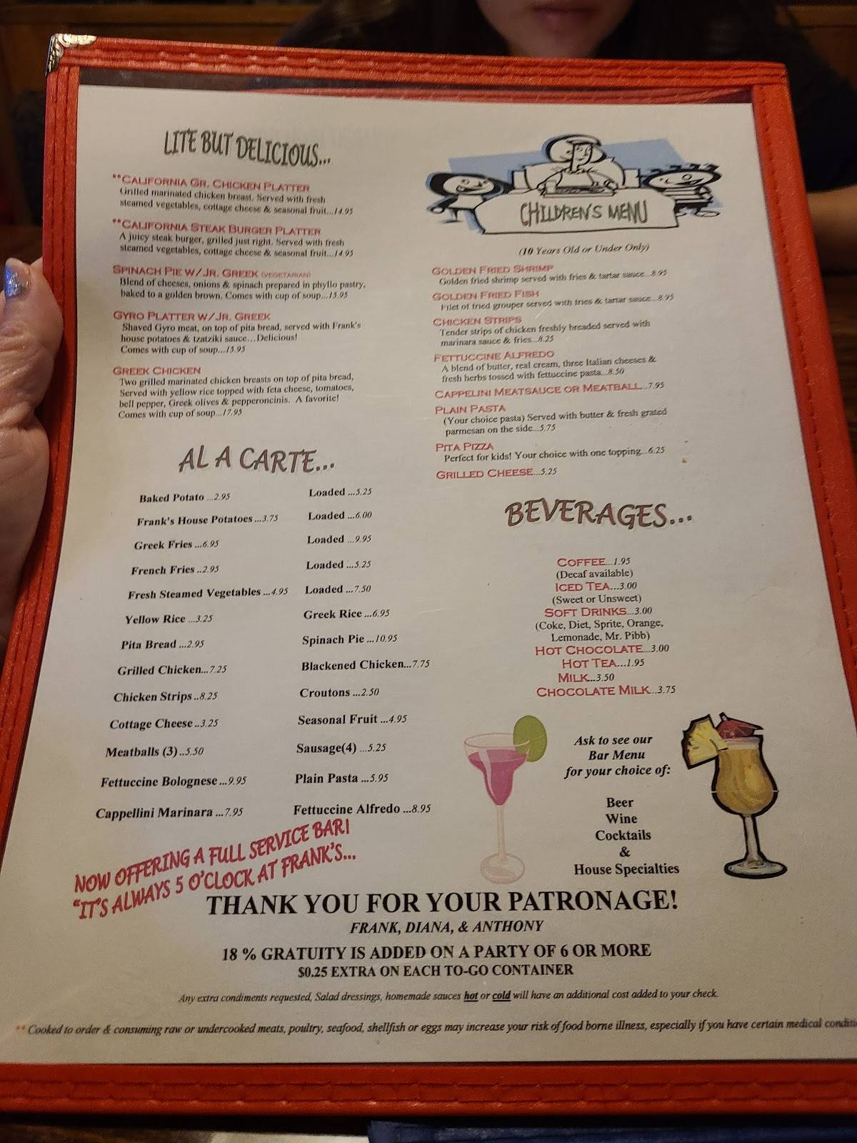 Menu at Frank's Family Restaurant, Palmetto