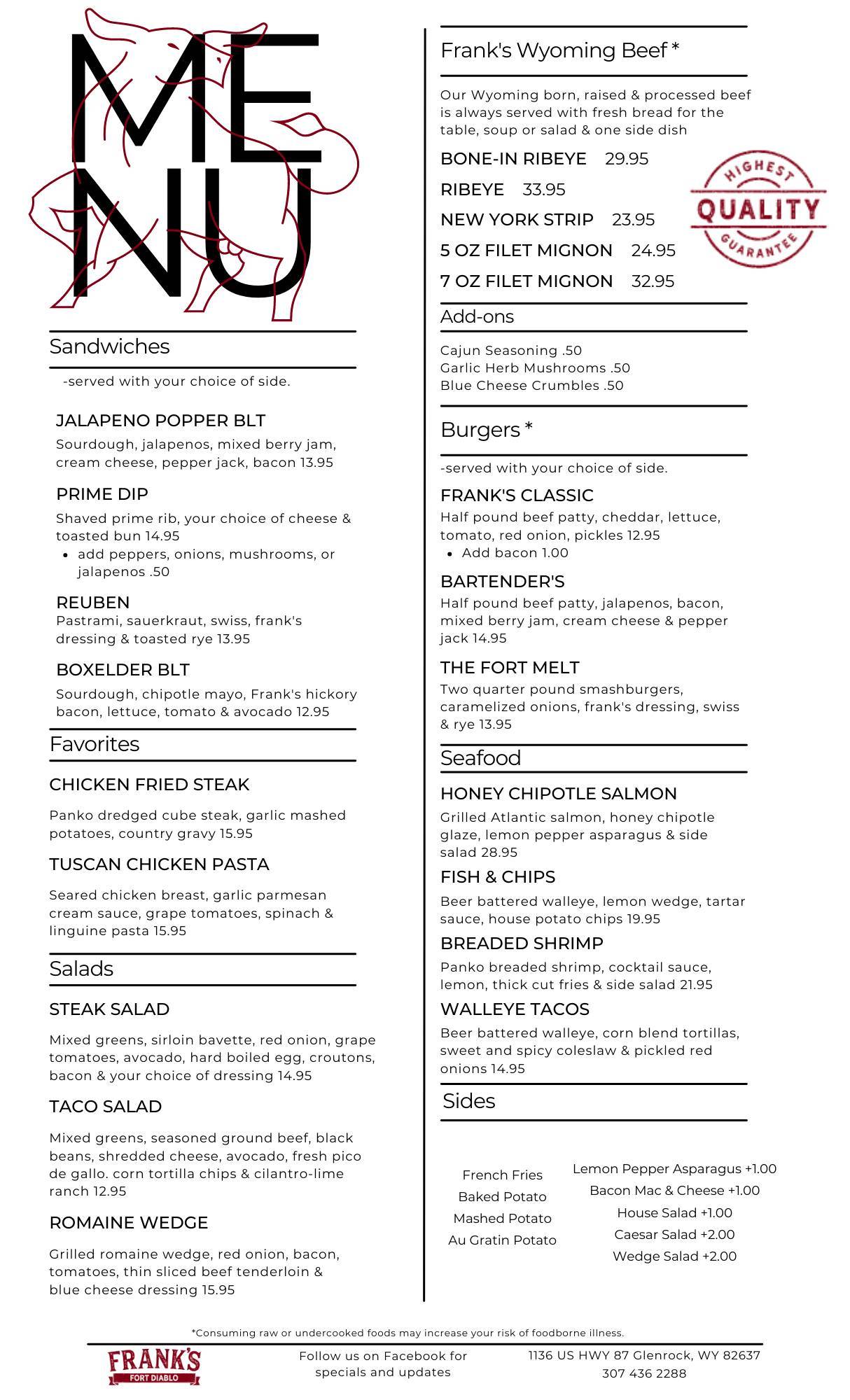 Menu at Fort Diablo Steak House steakhouse, Glenrock