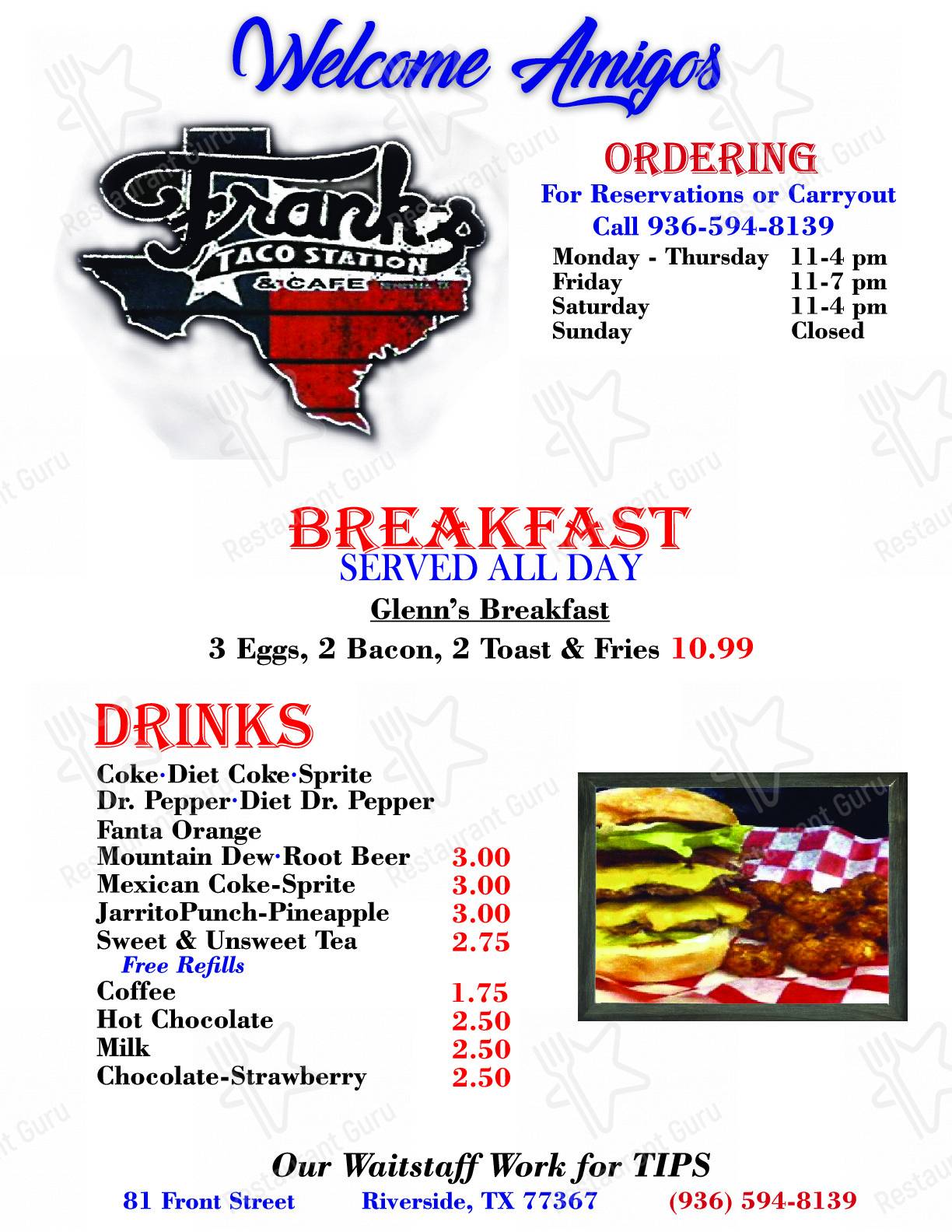 Menu at Frank's Taco Station restaurant, Riverside