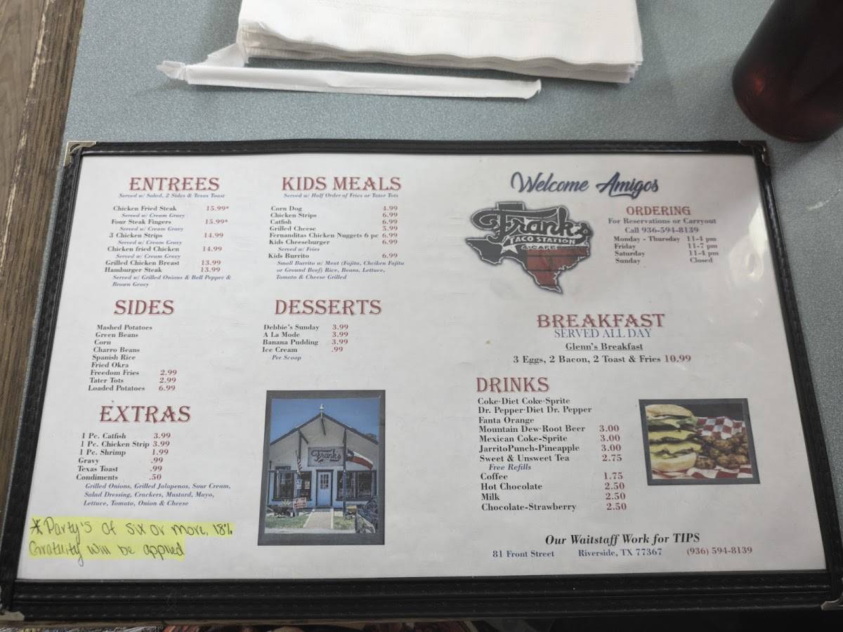 Menu at Frank's Taco Station restaurant, Riverside