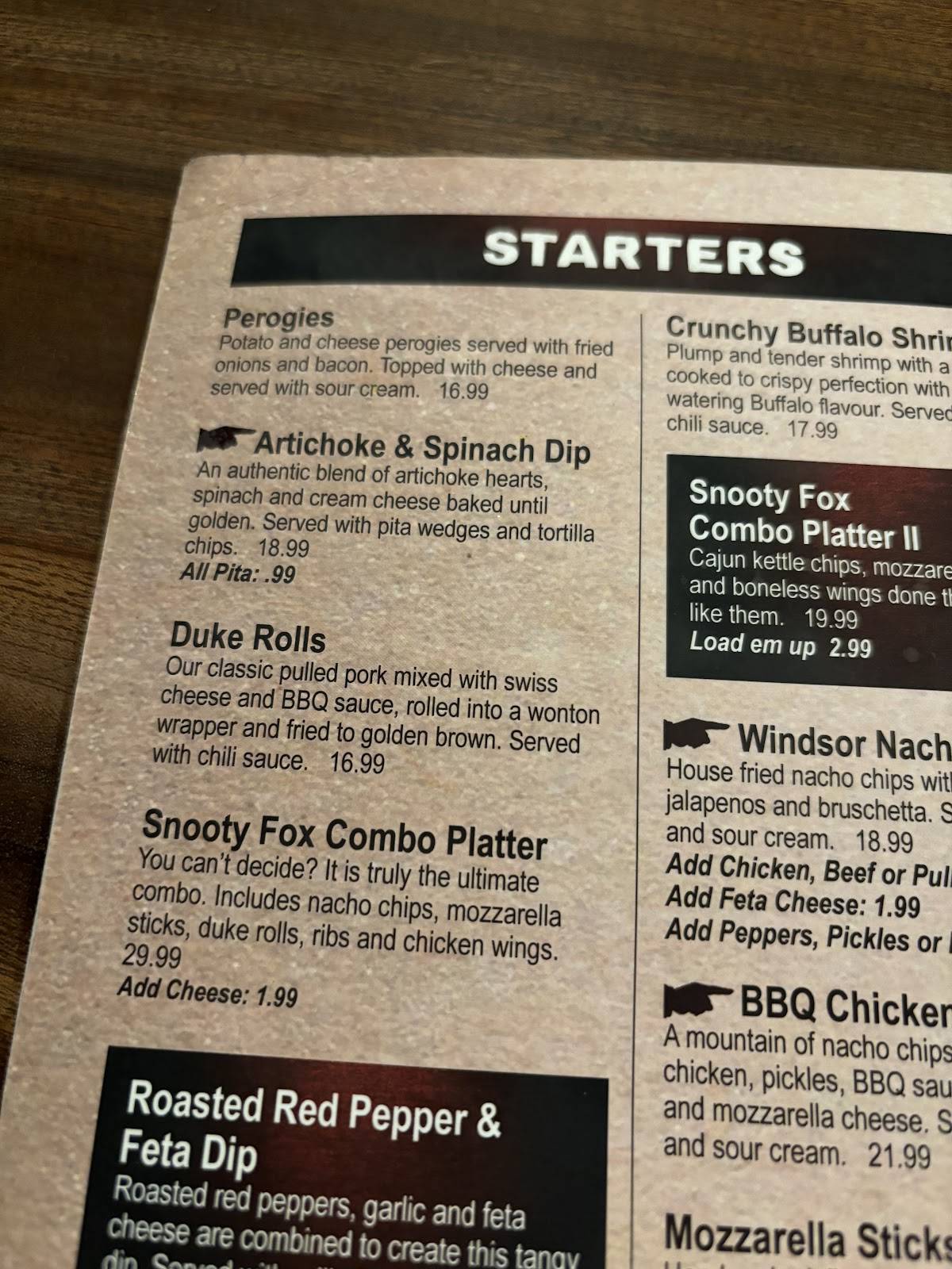 Menu at Snooty Fox pub & bar, Fredericton