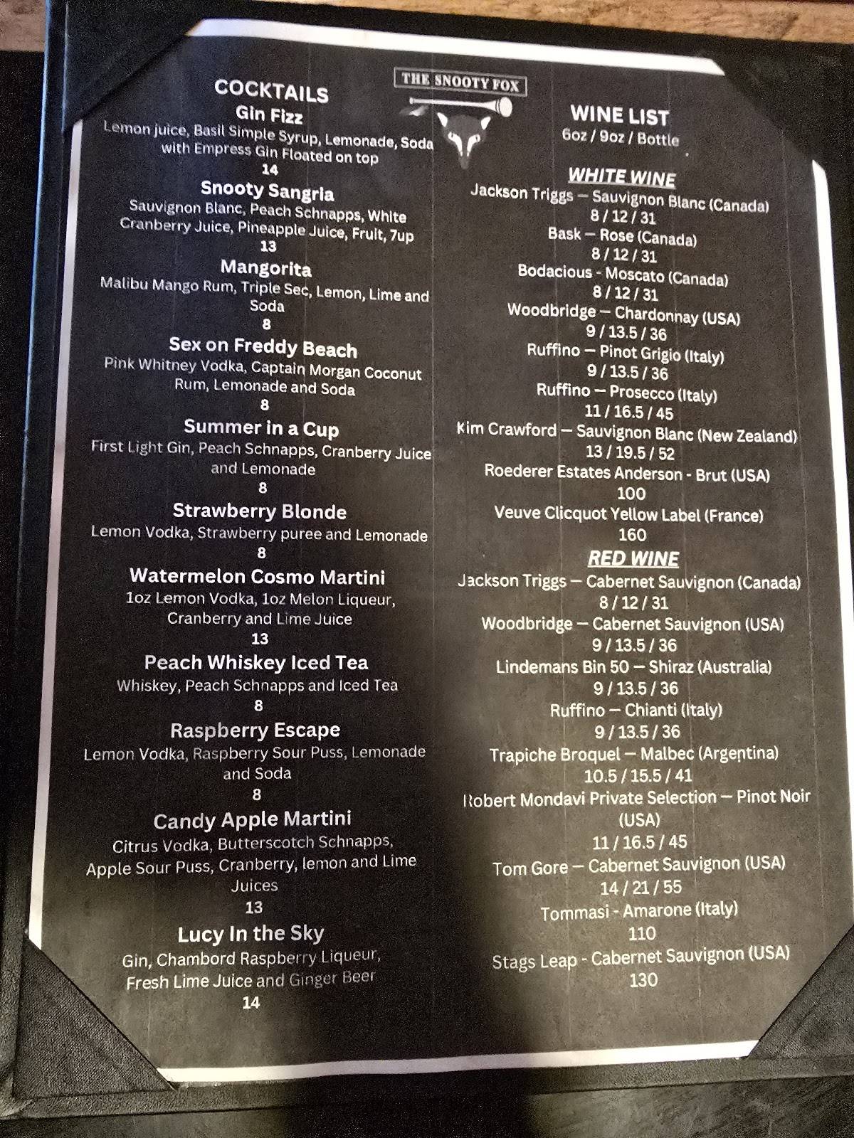 Menu at Snooty Fox pub & bar, Fredericton