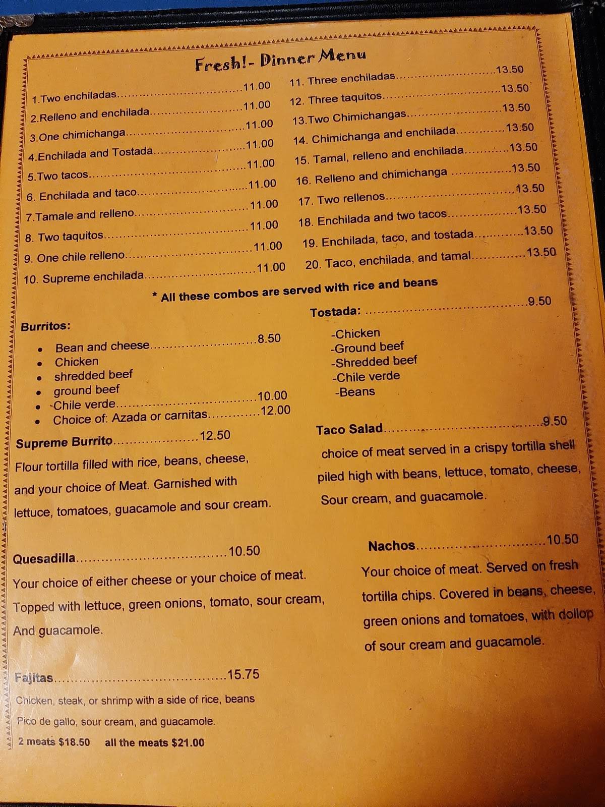 Menu at Fresh Mexican restaurant, Waldport