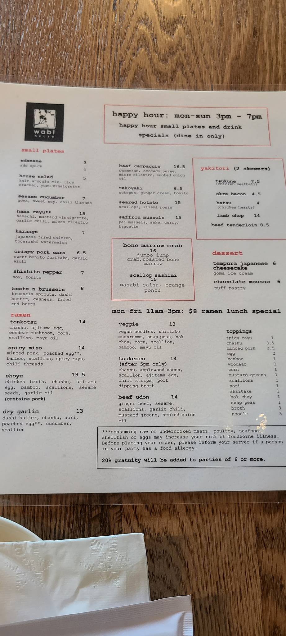 Menu at Wabi House Frisco pub & bar, Frisco