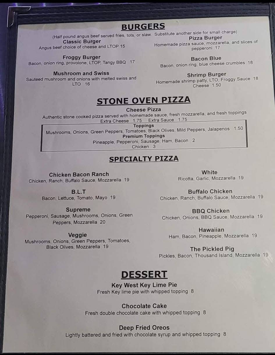 Menu at Froggy's pub & bar, Saint James City