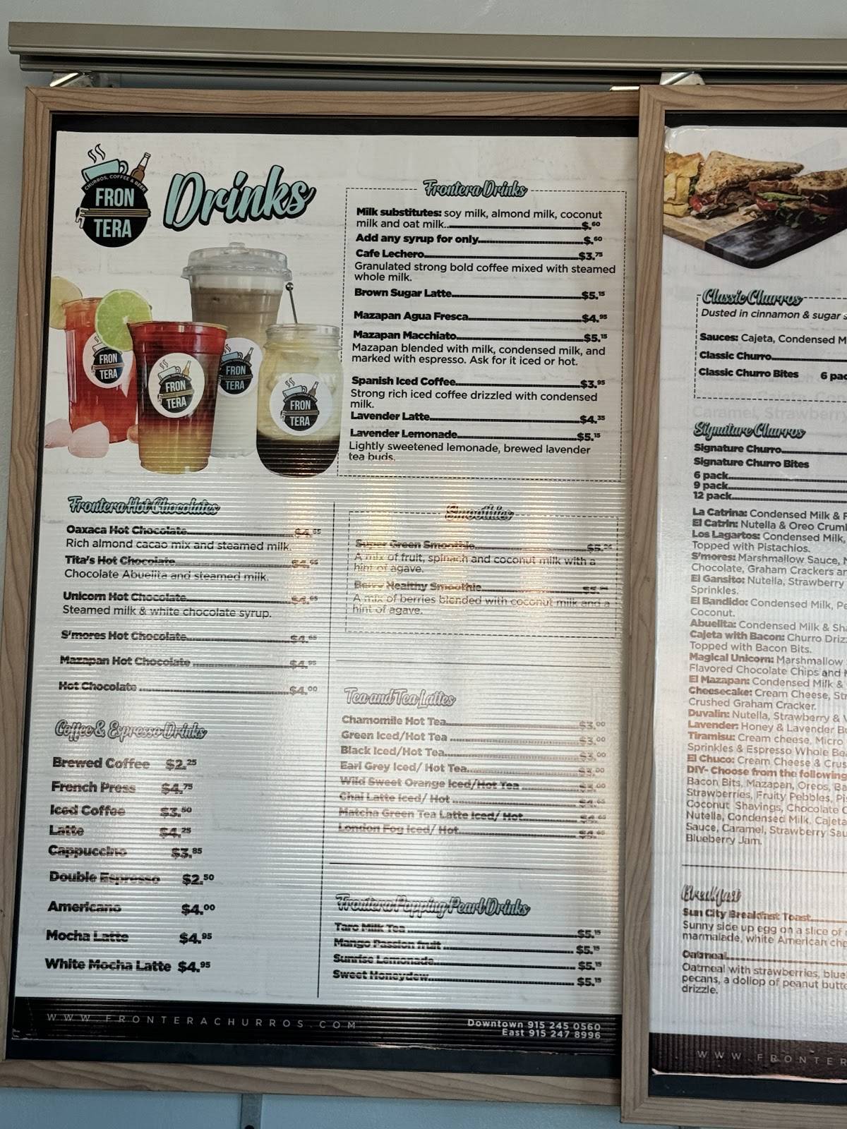 Carta del pub y bar Frontera Churros, Coffee, & Beer, El Paso