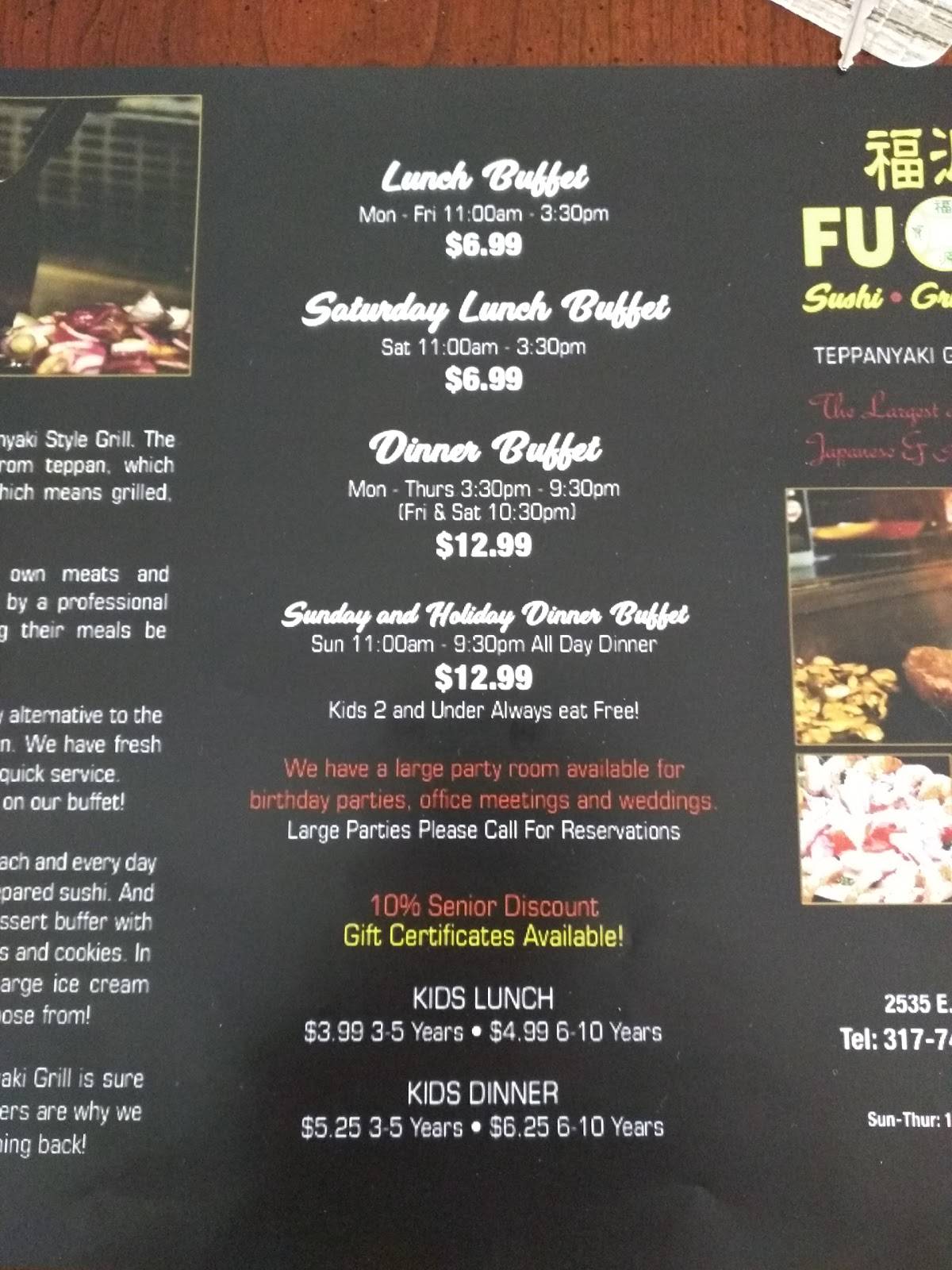 Menu at Fu Yuan Hibachi Buffet restaurant, Plainfield