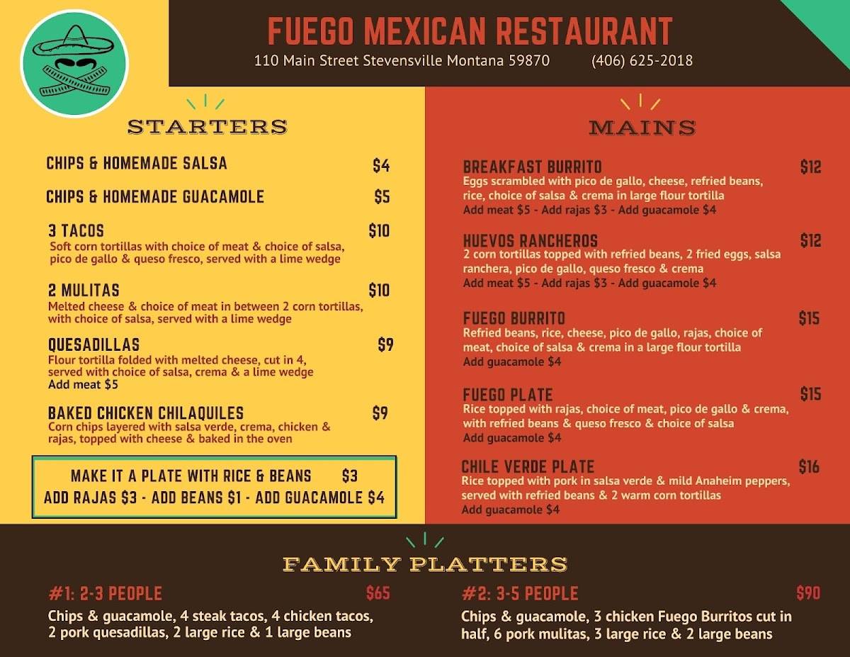 Menu at Fuego Authentic Mexican Restaurant & Catering, Stevensville
