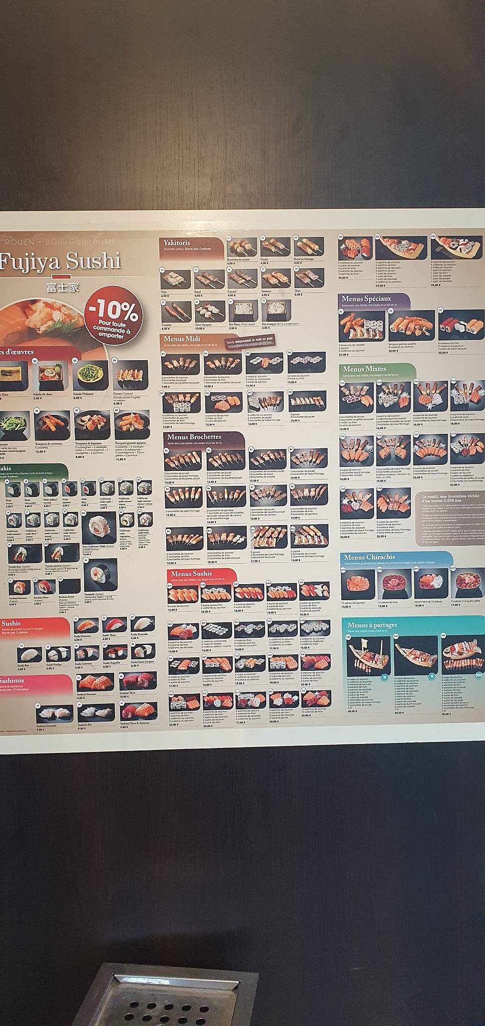 Menu au Fujiya Sushi restaurant, Le Havre