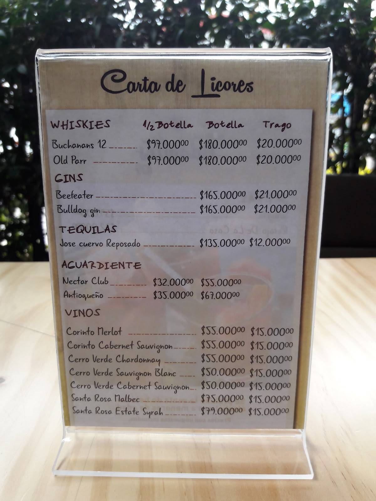 Carta del restaurante Fulanitos, Bogotá, a 16-99